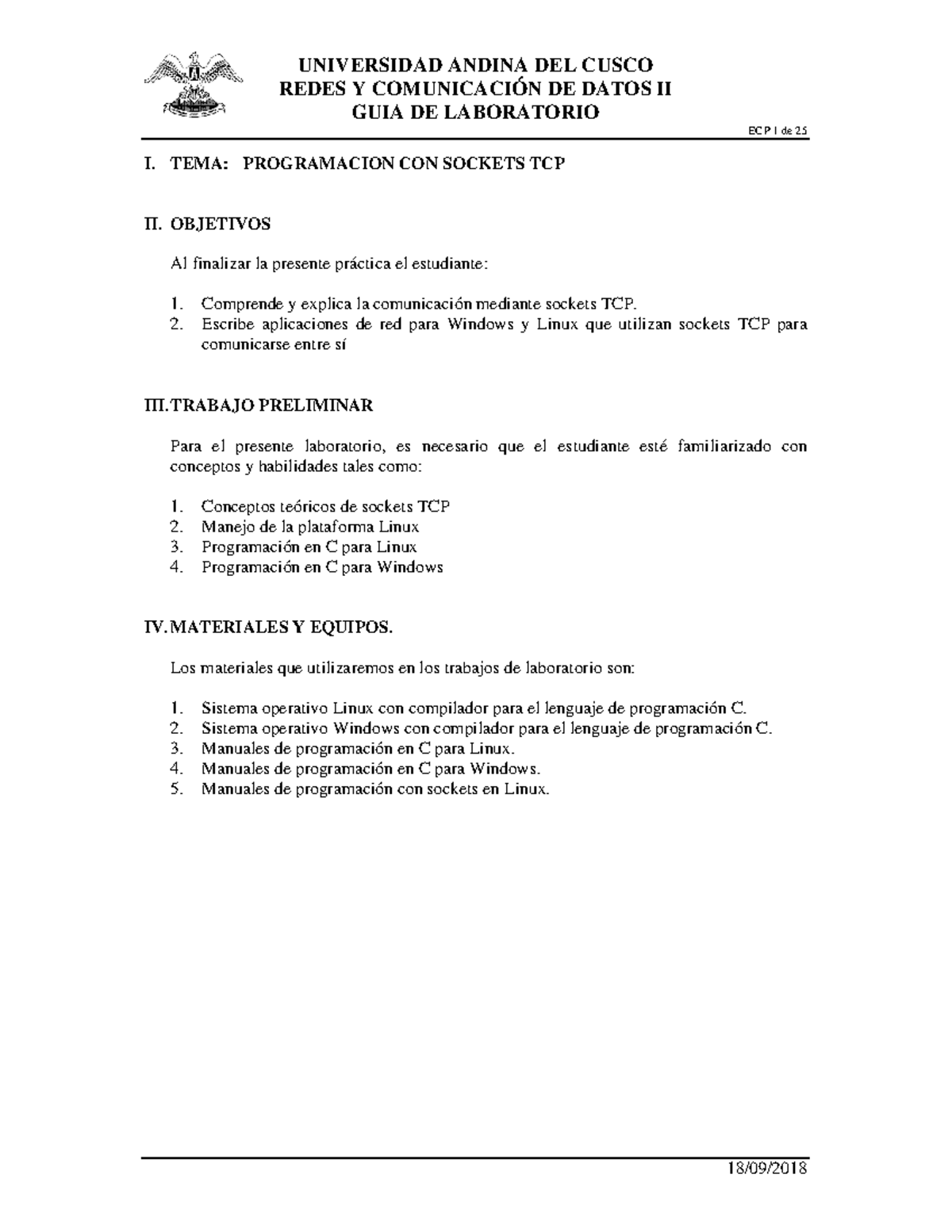 Programacion con sockets TCP - UNIVERSIDAD ANDINA DEL CUSCO REDES Y DE DATOS II GUIA DE ...