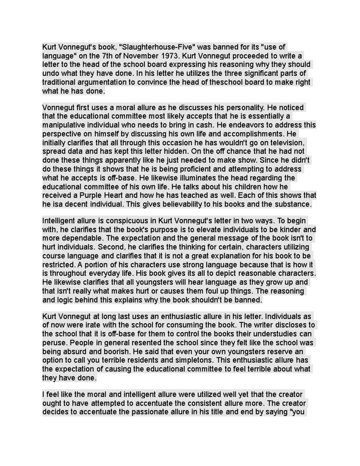 Rhetorical anaylist for engl 101 - Kurt Vonnegut's book ...