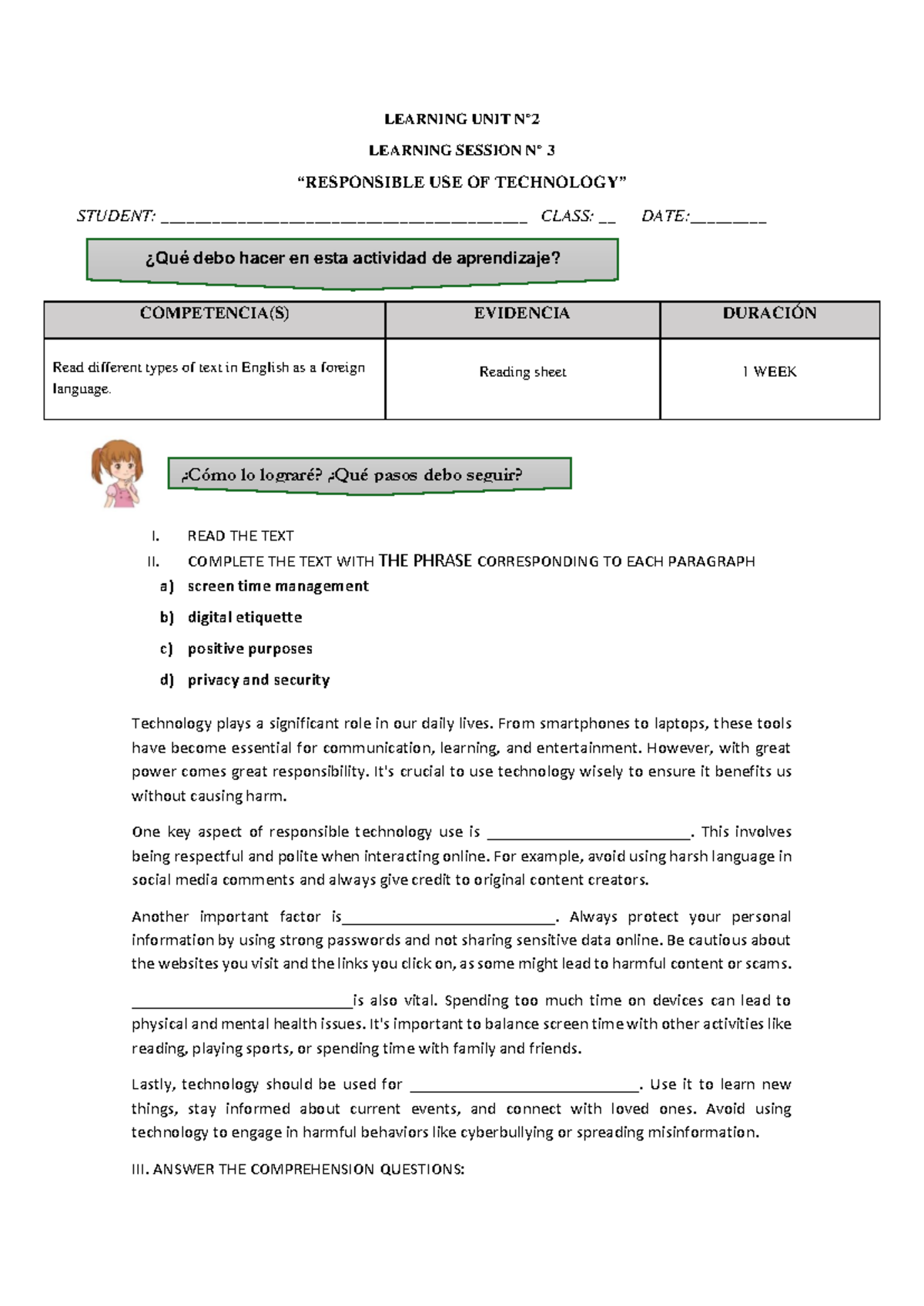 Responsible USE OF Technology Worksheet - LEARNING UNIT N° LEARNING ...