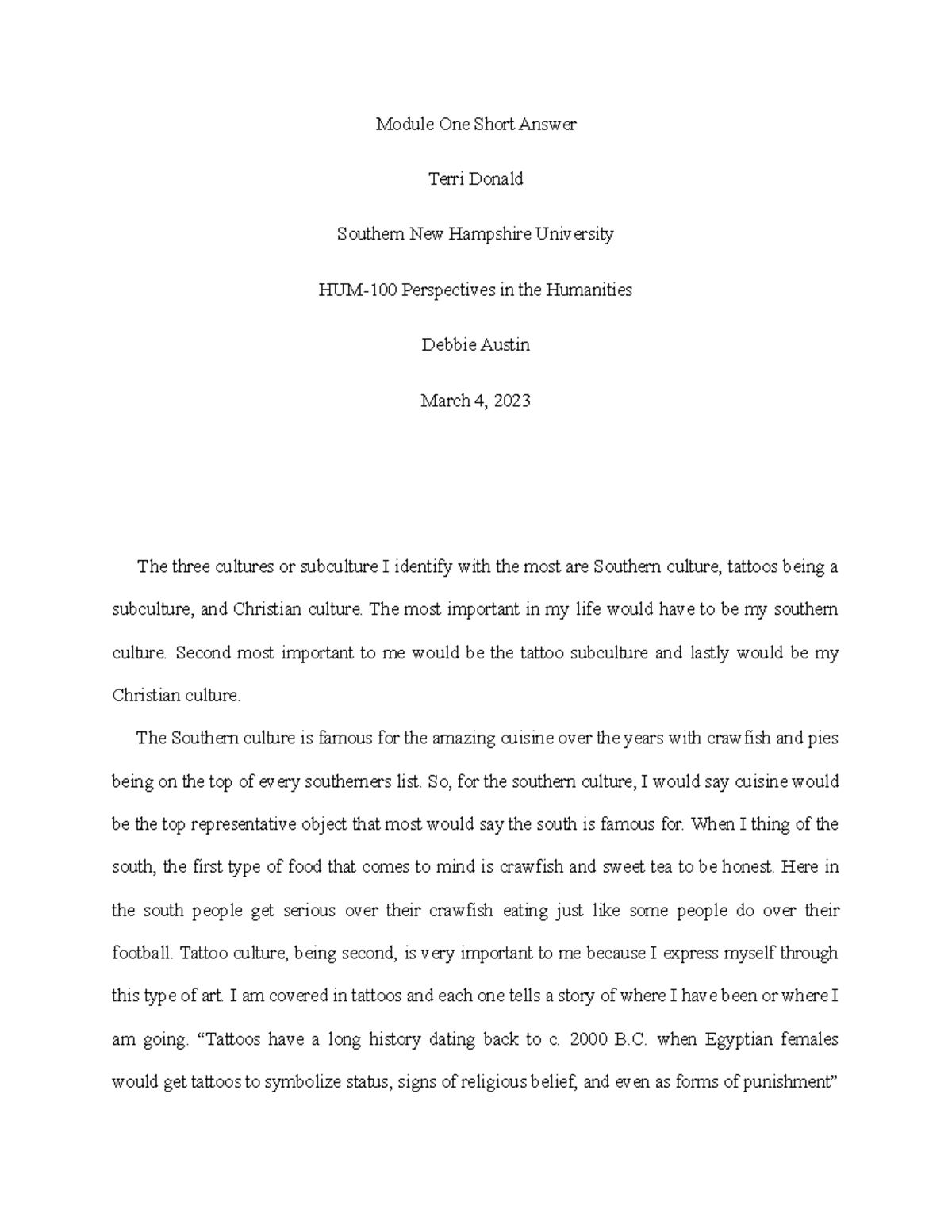 HUM-100 Module One Short Answer - Module One Short Answer Terri Donald ...