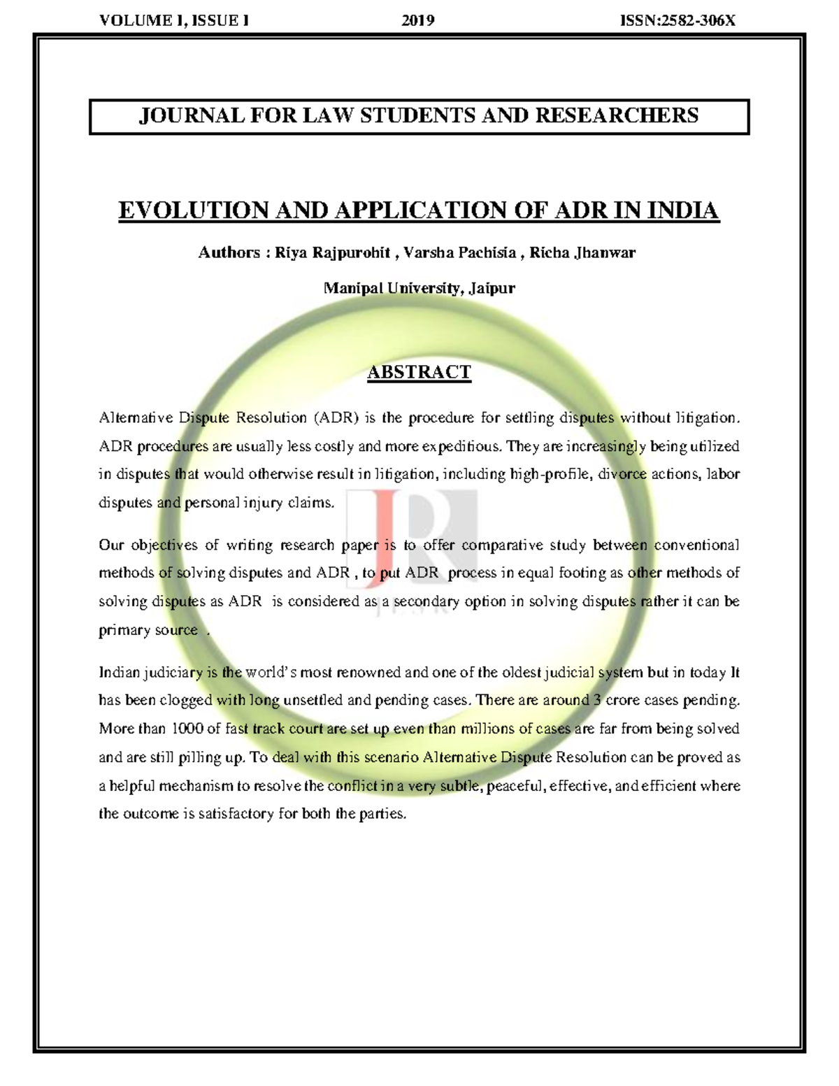 Adr-paper-research.pdf- JOURNAL FOR LAW STUDENTS AND RESEARCHERS EVOLUTION AND APPLICATION OF ...