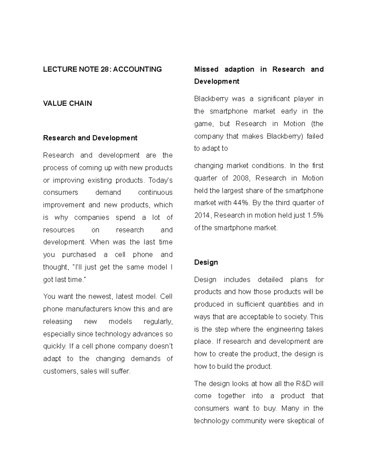 Lecture Note 28 Accounting - LECTURE NOTE 28: ACCOUNTING VALUE CHAIN ...