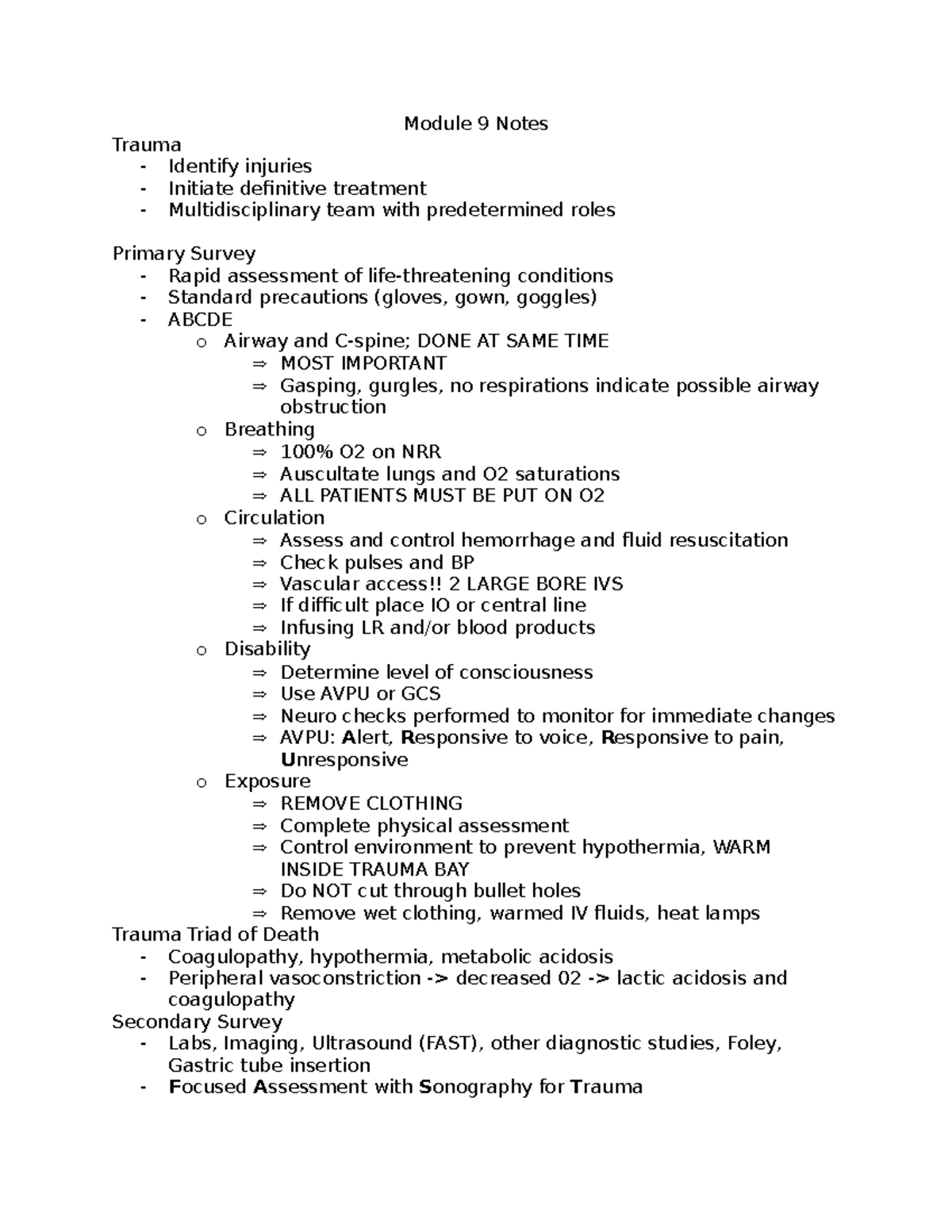 Module 9 Notes - Module 9 Notes Trauma Identify injuries Initiate ...