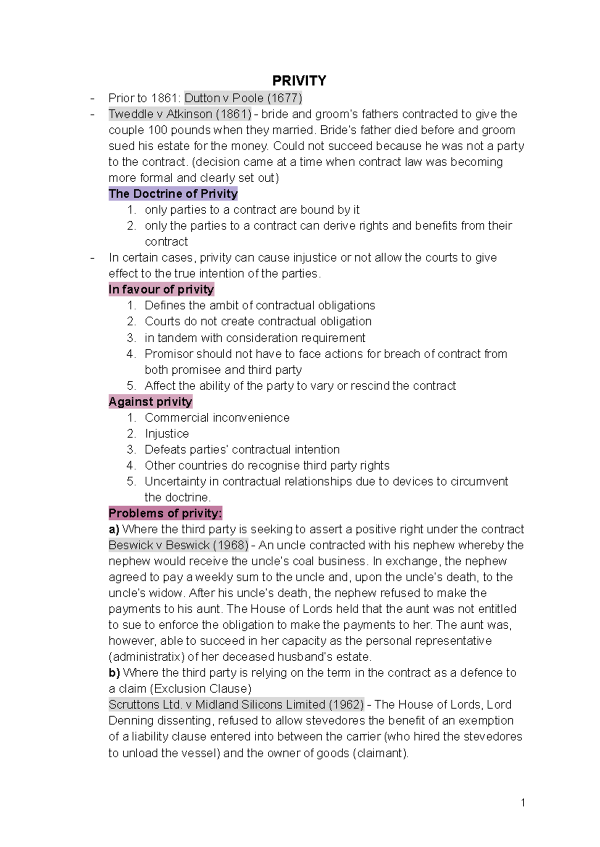 Privity - Summary Contract law - PRIVITY - Prior to 1861: Dutton v ...