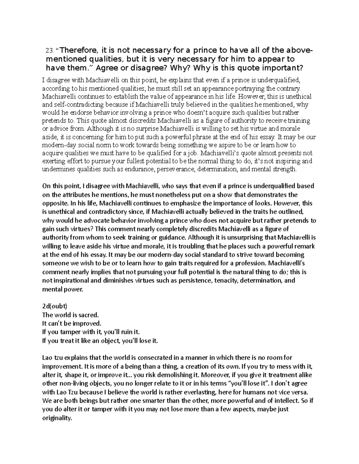 Machiavelli Dialectical Response - 23. “Therefore, it is not necessary ...
