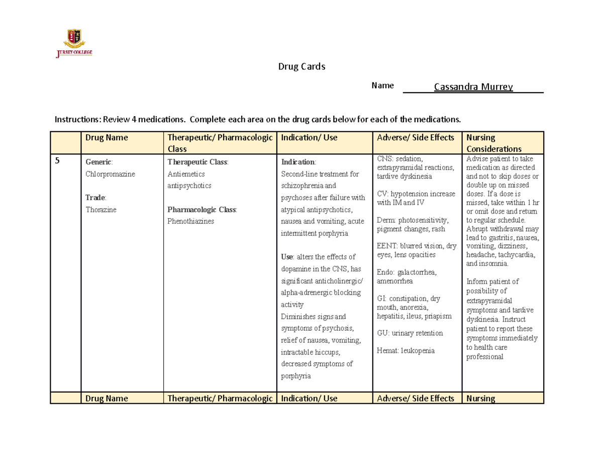 Week 4 psych drugs 2 - drug cards - Drug Cards Name Cassandra Murrey ...