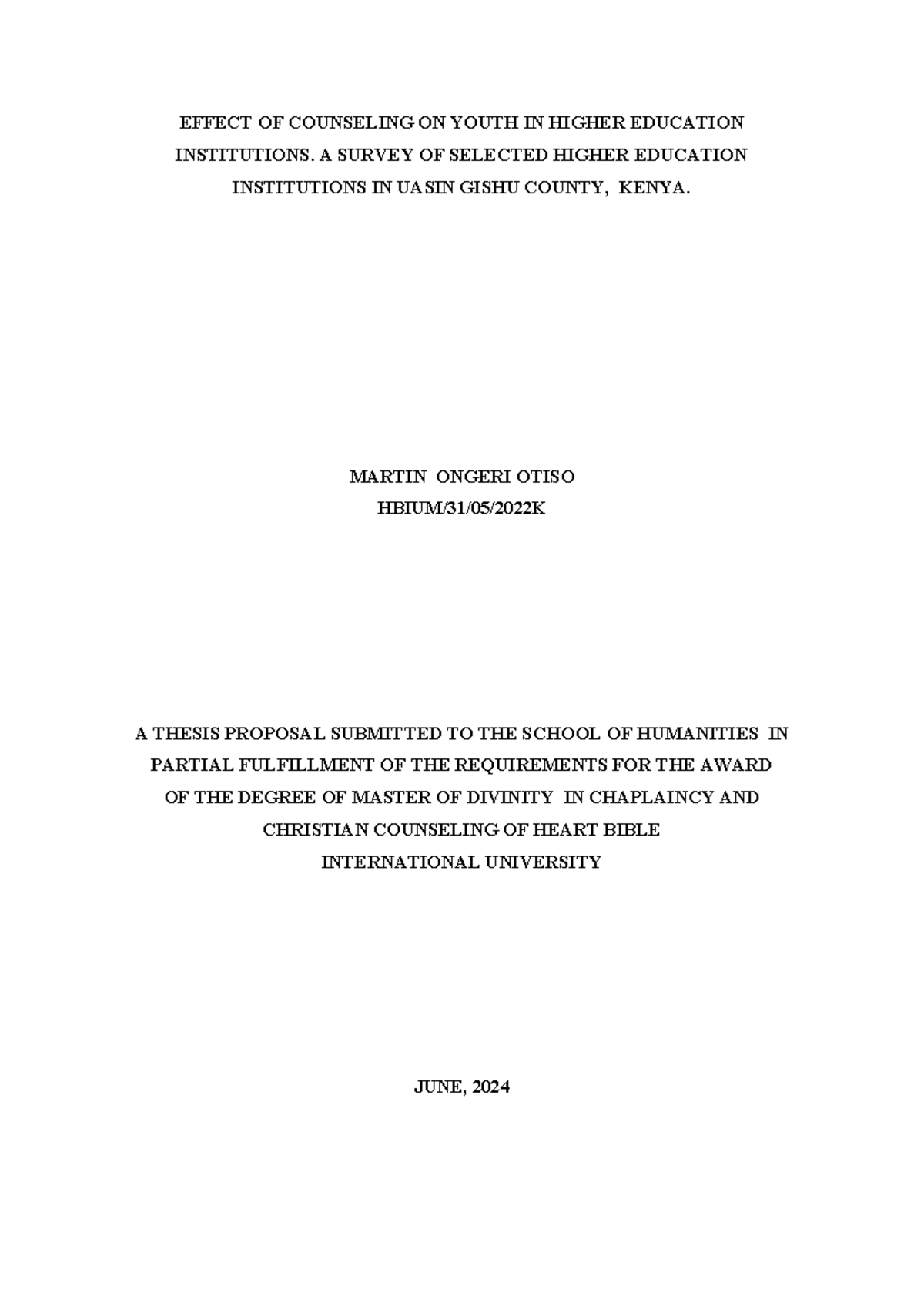 Martin Ongeri Otiso Thesis Corrected - EFFECT OF COUNSELING ON YOUTH IN HIGHER EDUCATION - Studocu