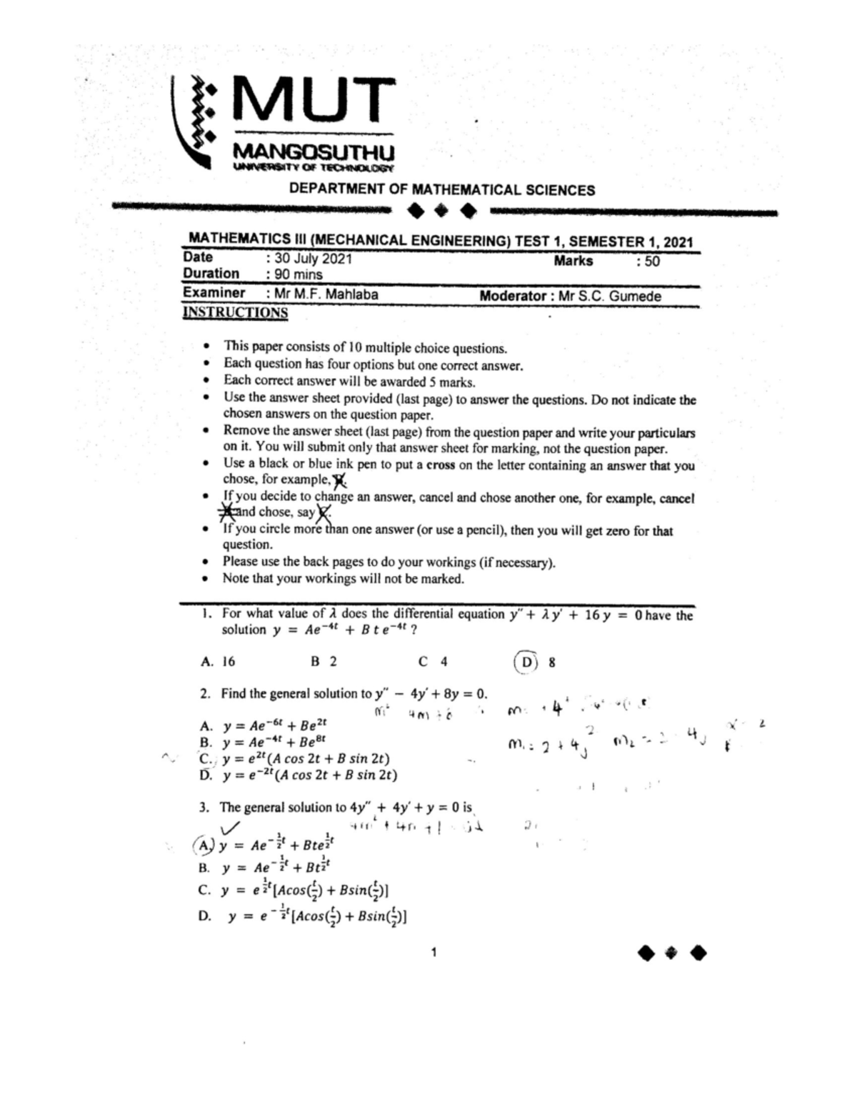 Mathematics III Test 1 2021 - MATEL03 - Studocu