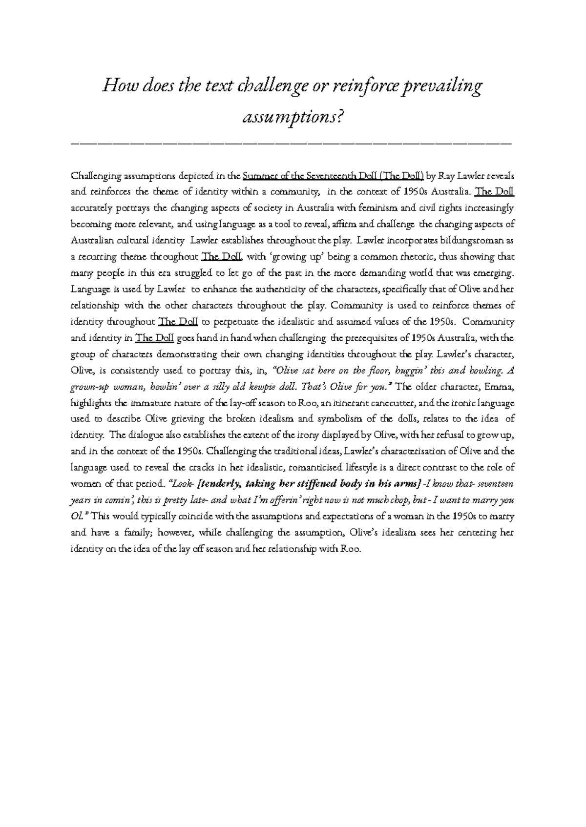 Practice paragraph - Summer of the Seventeenth Doll - How does the text ...