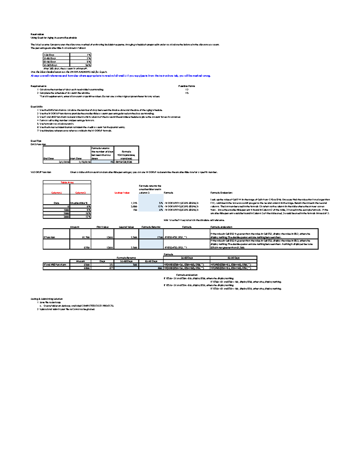 Unit 3 - Excel Project 1 - Receivables Using Excel for Aging Accounts Receivable The Lake ...