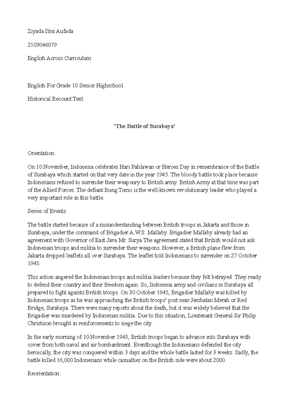 Historical Recount TEXT - Ziyada Ilmi Aufada 2103046079 English Across ...