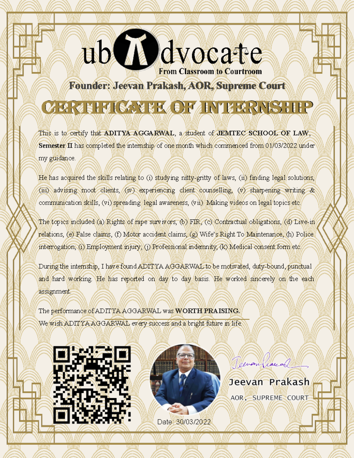 Ub Advocate Internship Certificate of Aditya Aggarwal - This is to ...