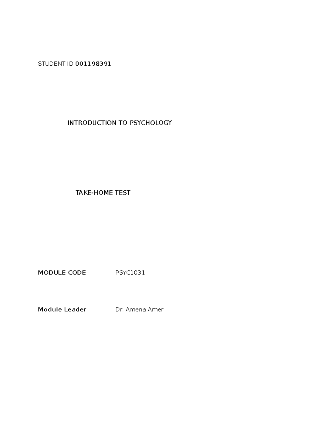 Intro To Psych test - covers all the answers and questions - STUDENT ID ...