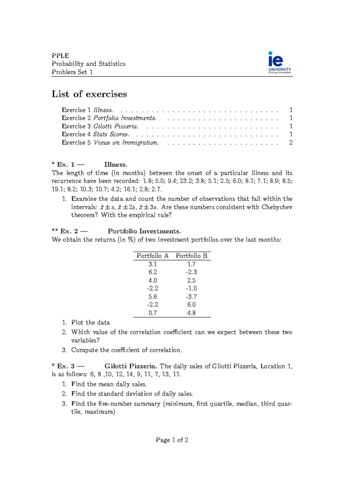 Problem Set 1 - PPLE Probability and Statistics Problem Set 1 List of exercises Exercise 1 - Studocu
