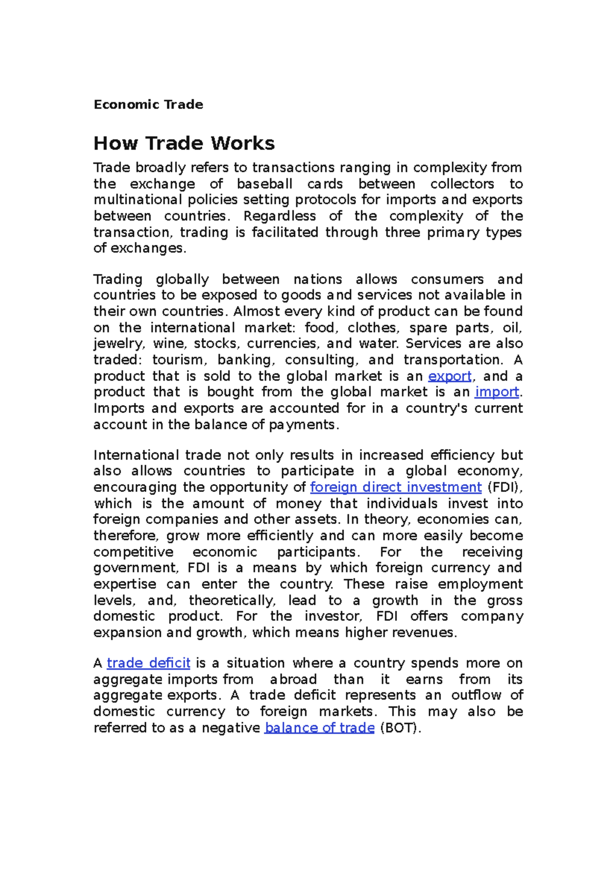 2 - coursework - Economic Trade How Trade Works Trade broadly refers to ...