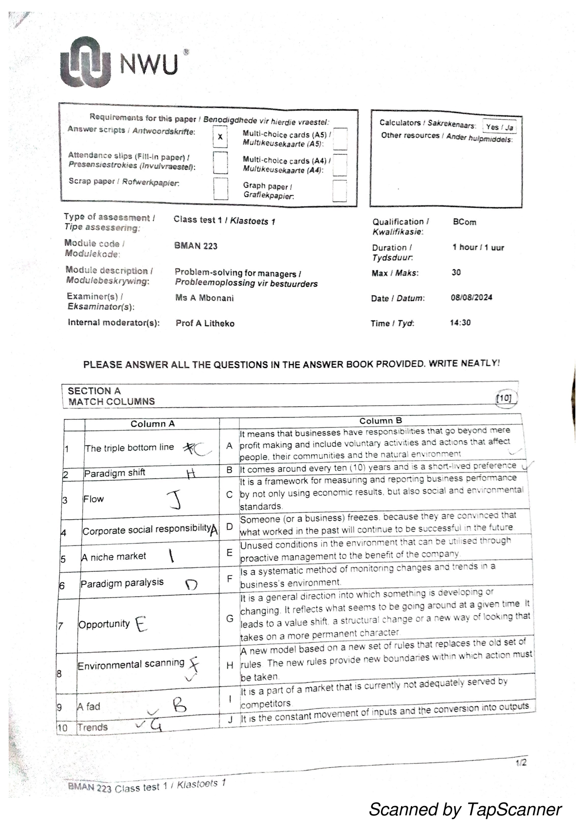 BMAN223 Test1 2024 - Test 1_2024 - LU NWU Requirements for this paper ...
