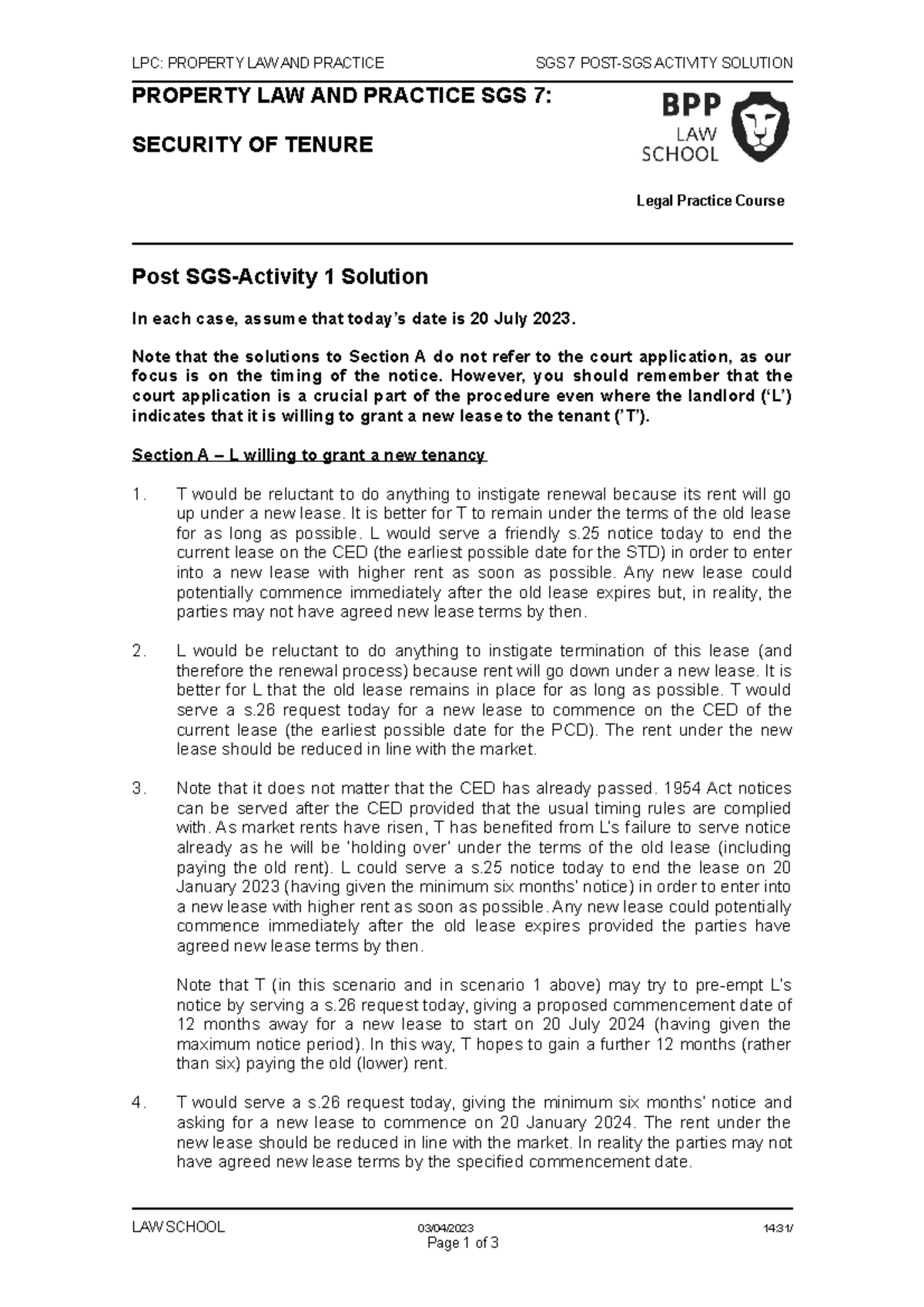 PLP SGS 7 Solution to Post-SGS Activity 2022-2023 - LPC: PROPERTY LAW AND PRACTICE SGS 7 POST ...