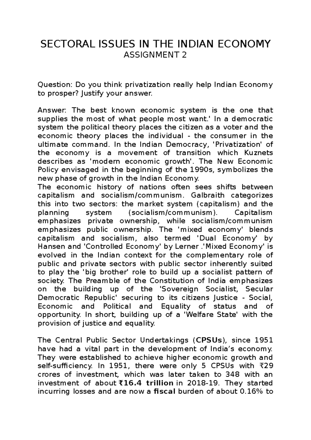 Sectoral Issues 2 - assignment - SECTORAL ISSUES IN THE INDIAN ECONOMY ...