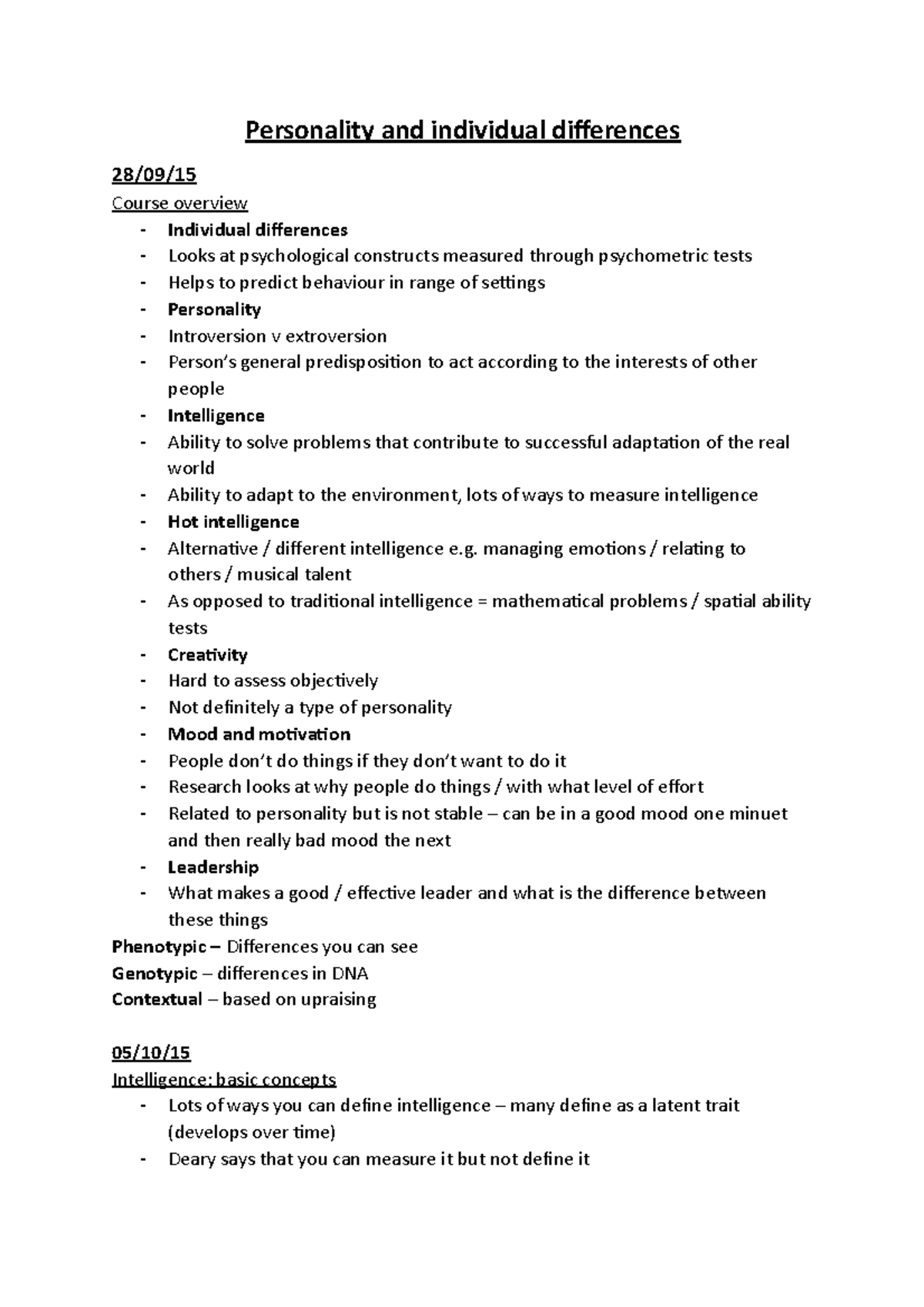 Personality and individual differences term 2 - Personality and ...