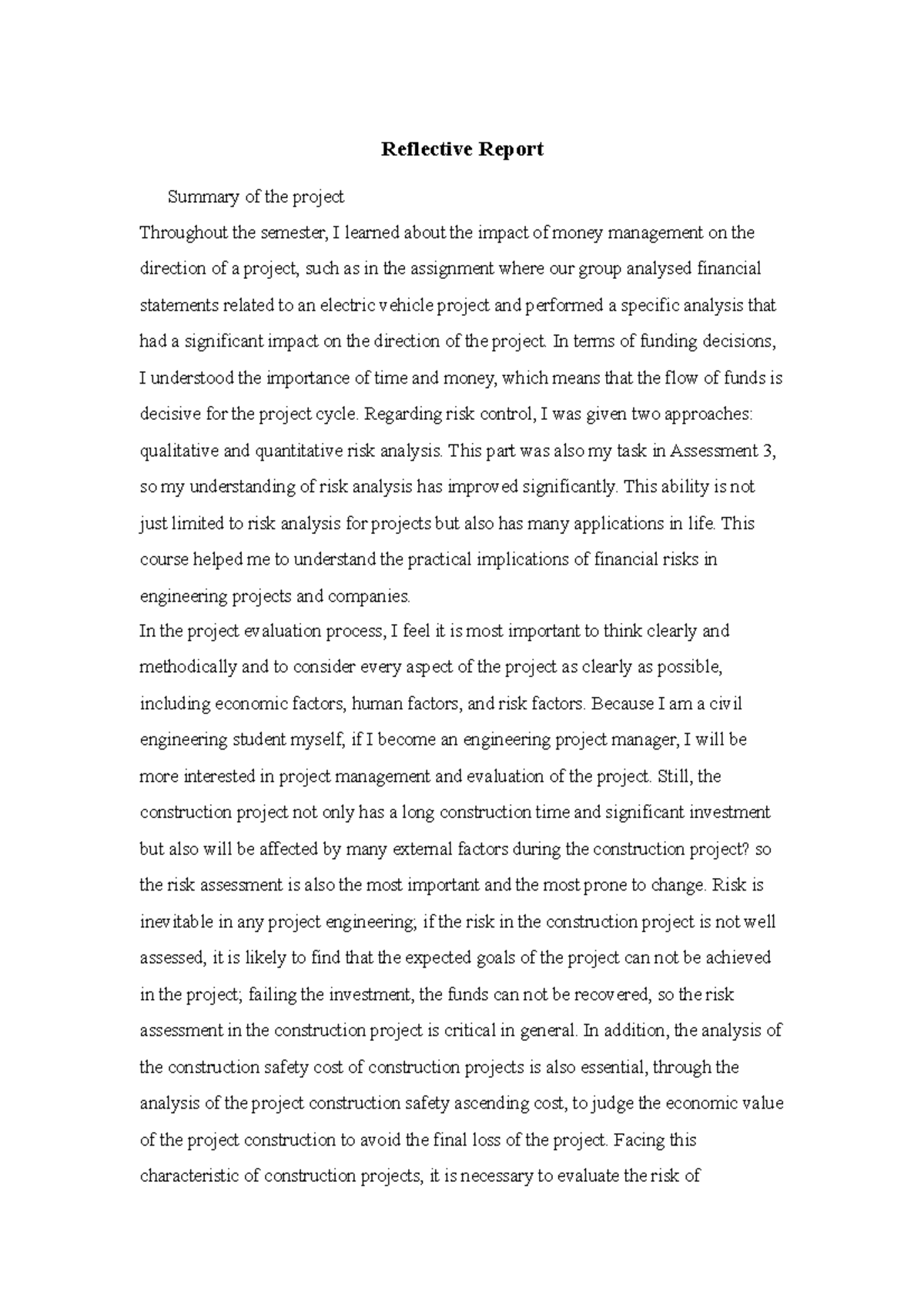 Assessmet 4 - idk - Reflective Report Summary of the project Throughout ...