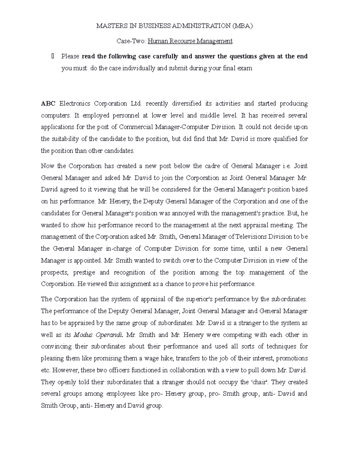 Case Assignment (2)-HRM - MASTERS IN BUSINESS ADMINISTRATION (MBA) Case ...