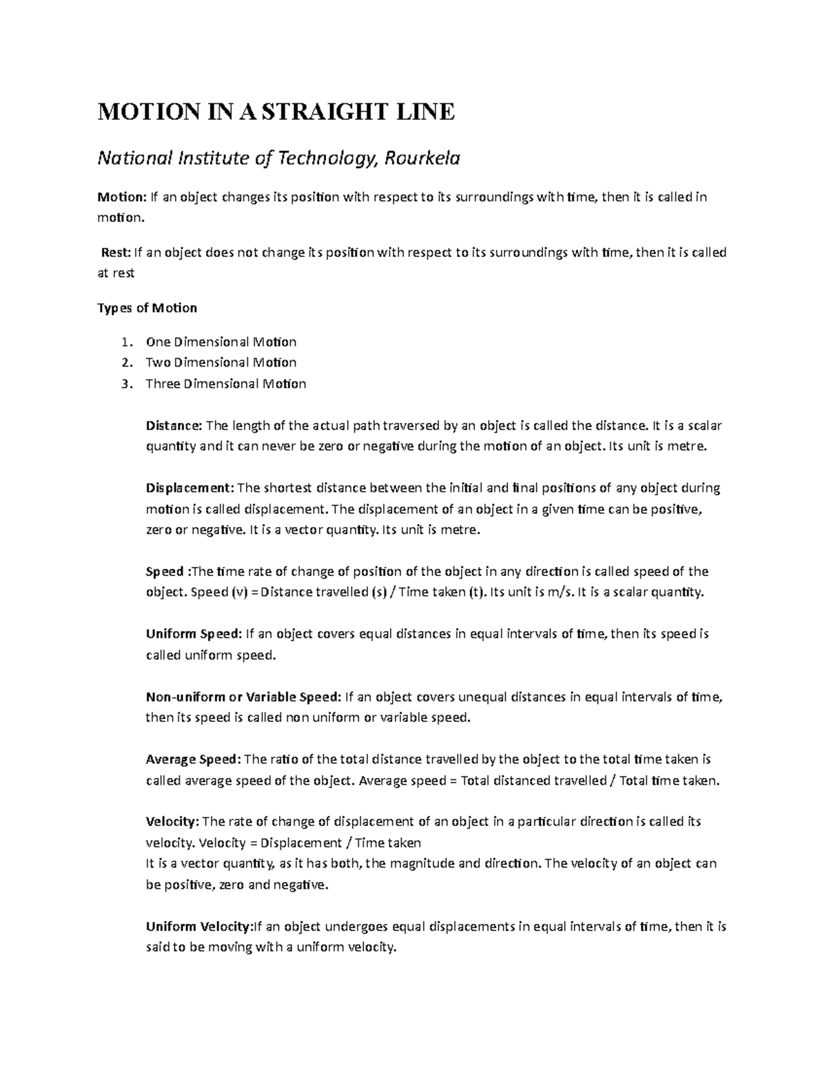 Motion IN A Straight LINE EXAM Notes - MOTION IN A STRAIGHT LINE ...