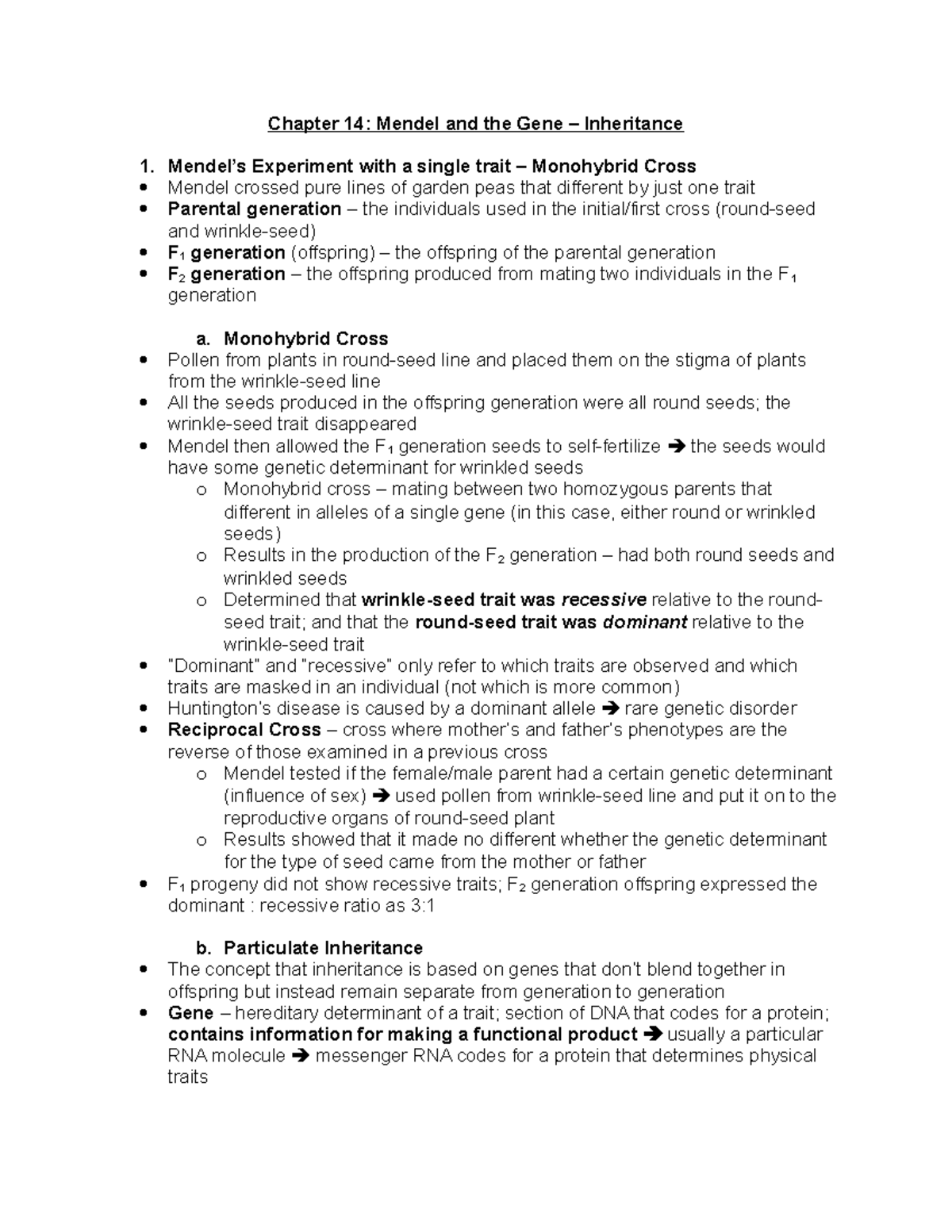 Chapter 14- Mendel and the Gene – Inheritance - Chapter 14: Mendel and ...