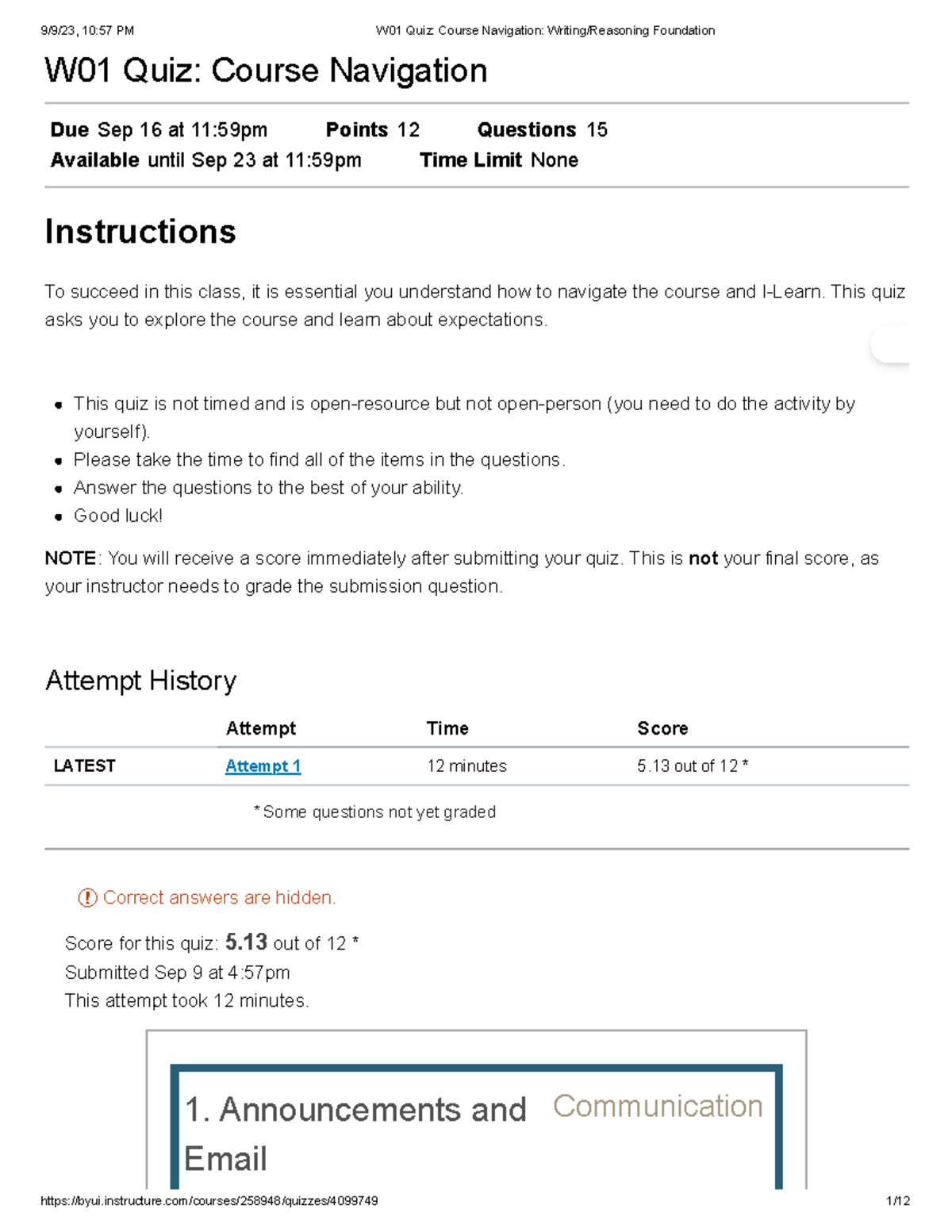 W01 Quiz Course Navigation Writing Reasoning Foundation - * Some questions not yet graded W01 ...