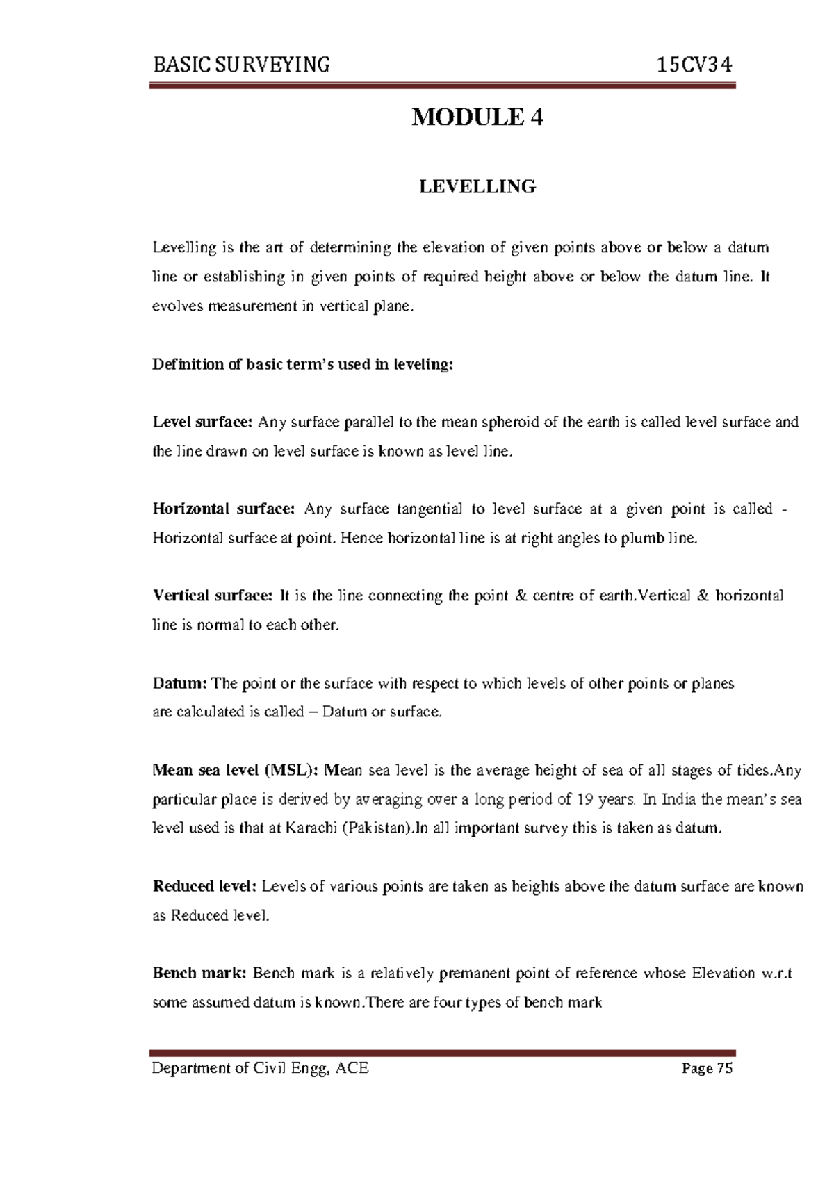 Chemistry subject - MODULE 4 LEVELLING Levelling is the art of ...