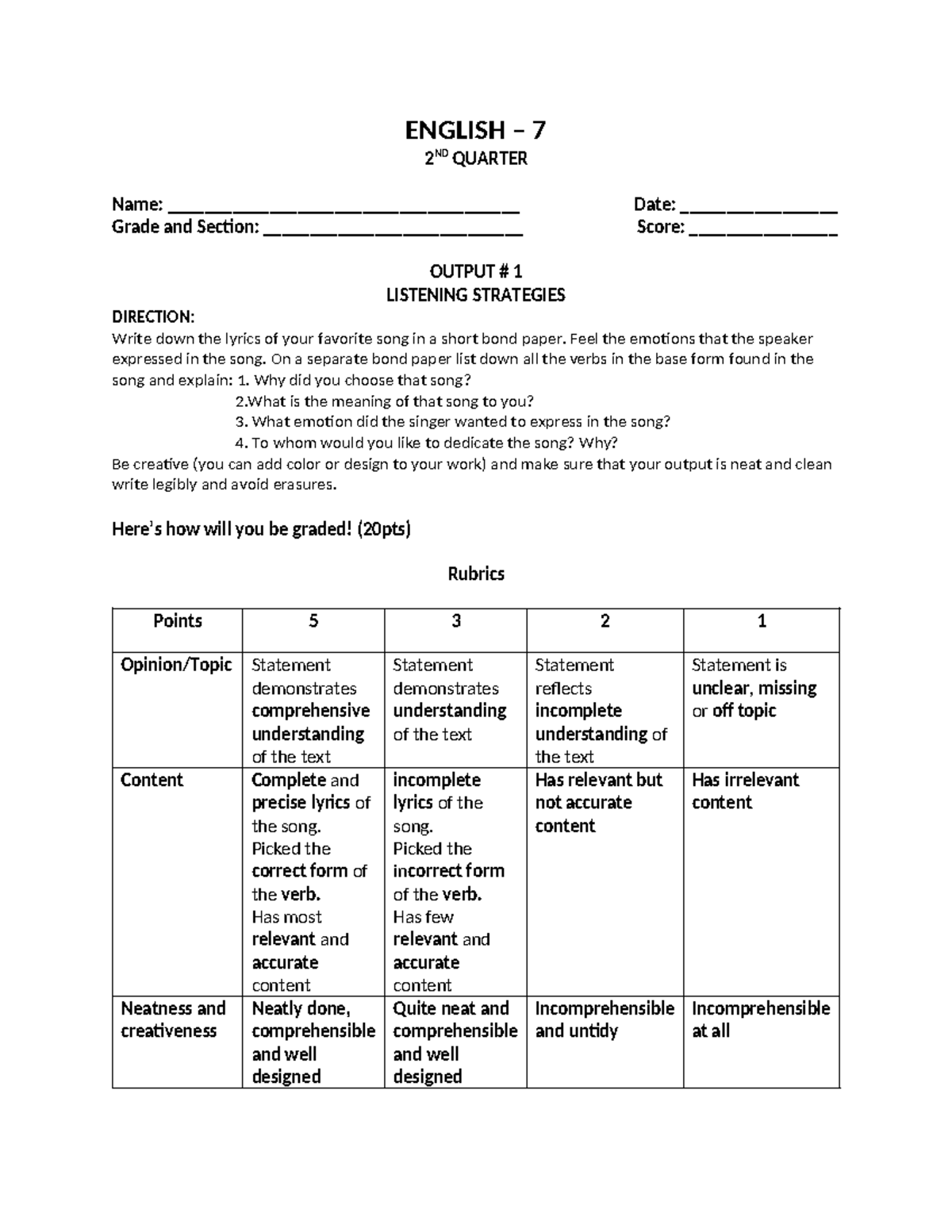 English - ENGLISH – 7 2 ND QUARTER Name ...