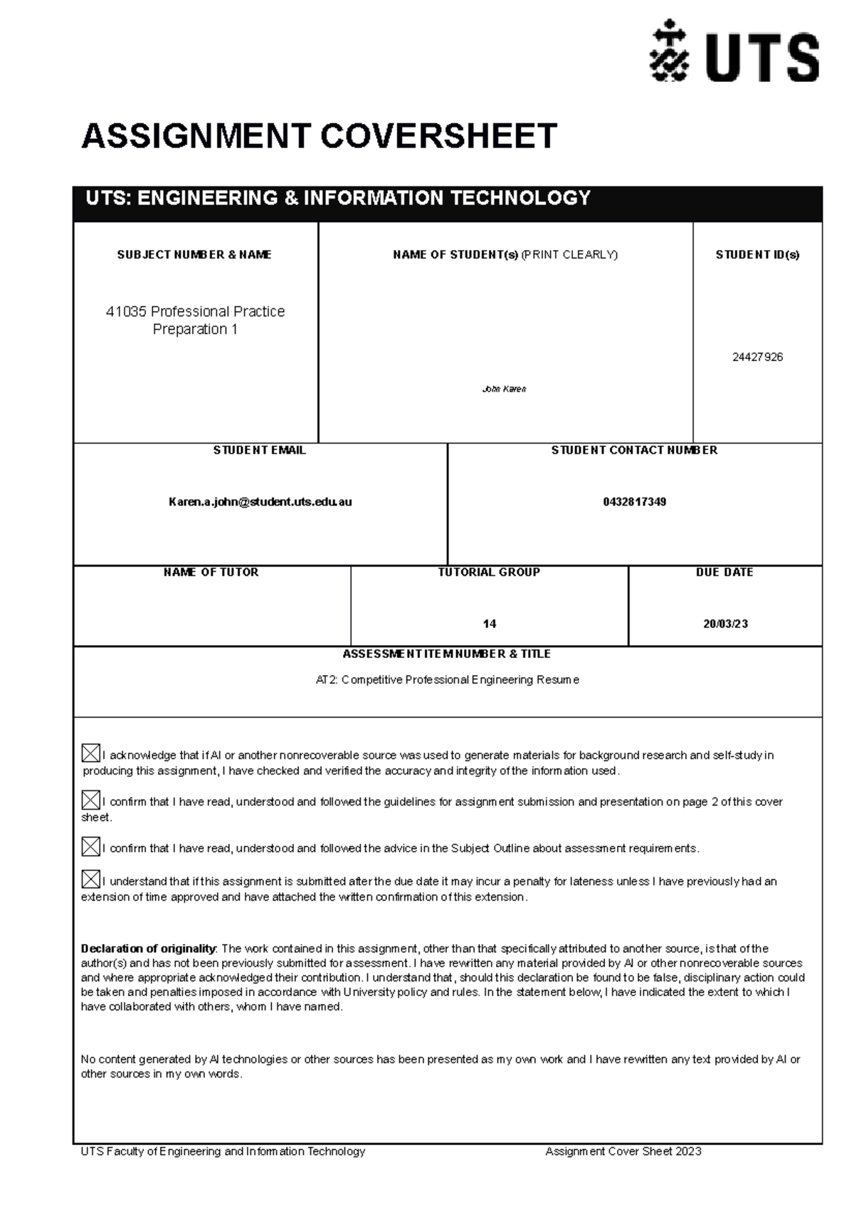 PP 1 - Assignment - ASSIGNMENT COVERSHEET UTS: ENGINEERING ...