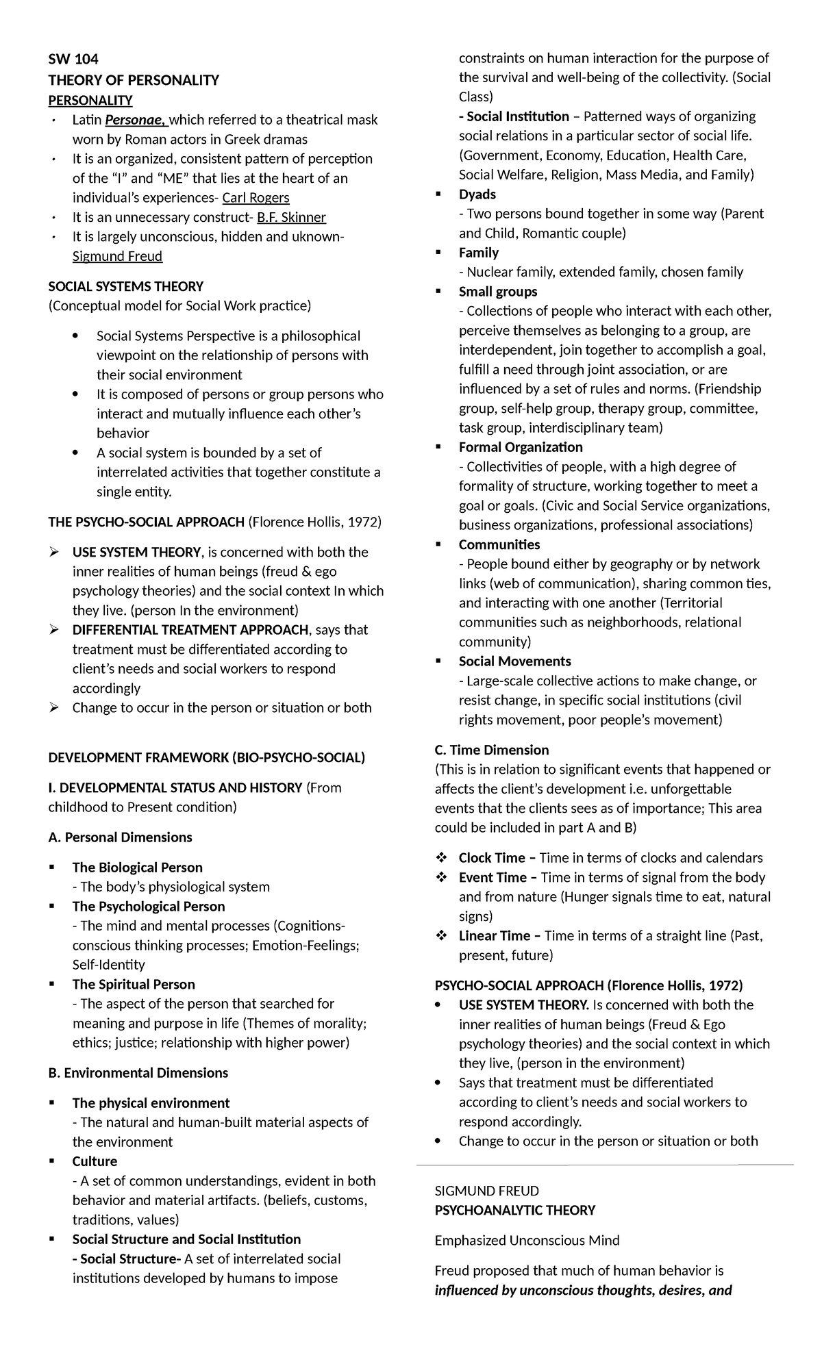 SW-104 Introduction - SW 104 THEORY OF PERSONALITY PERSONALITY Latin ...
