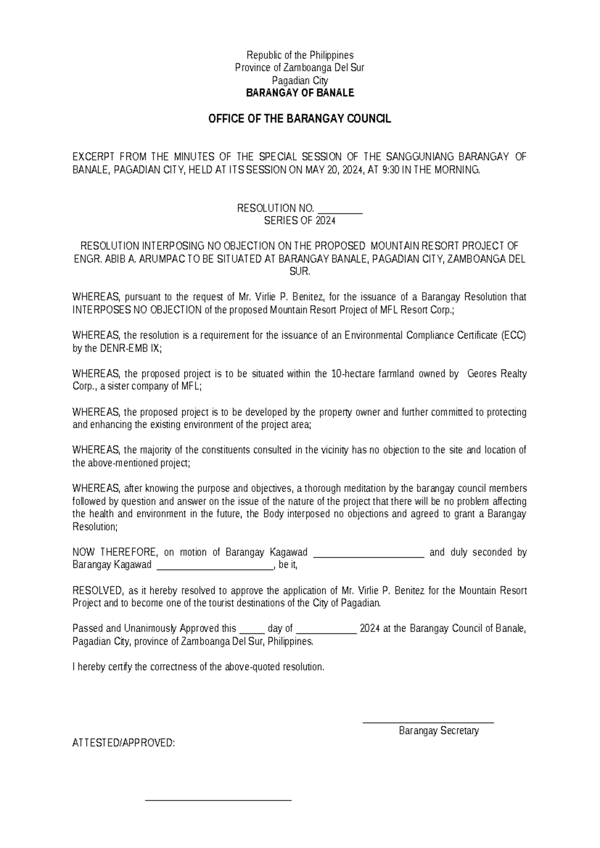 Barangay Resolutions MFL Mountain resort - Republic of the Philippines ...