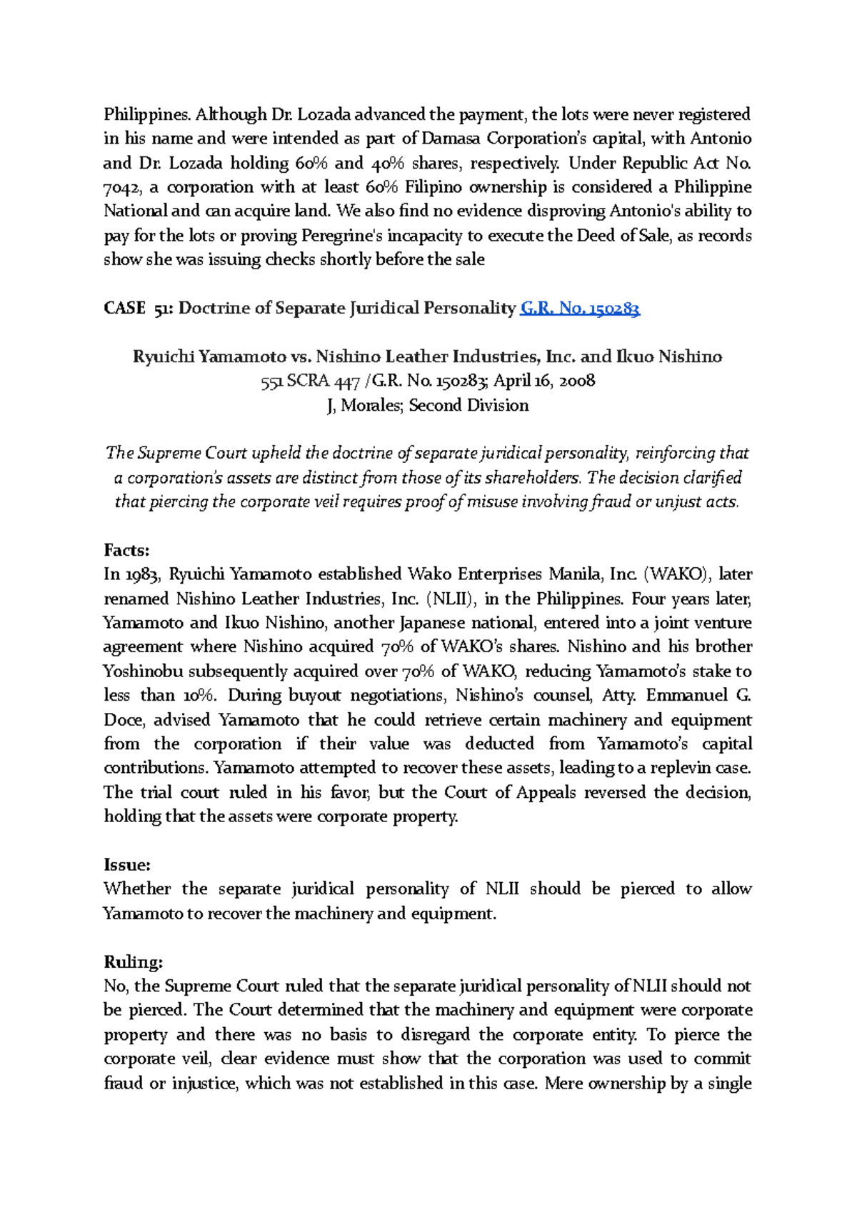 CASE Digests 1 - case - Philippines. Although Dr. Lozada advanced the ...