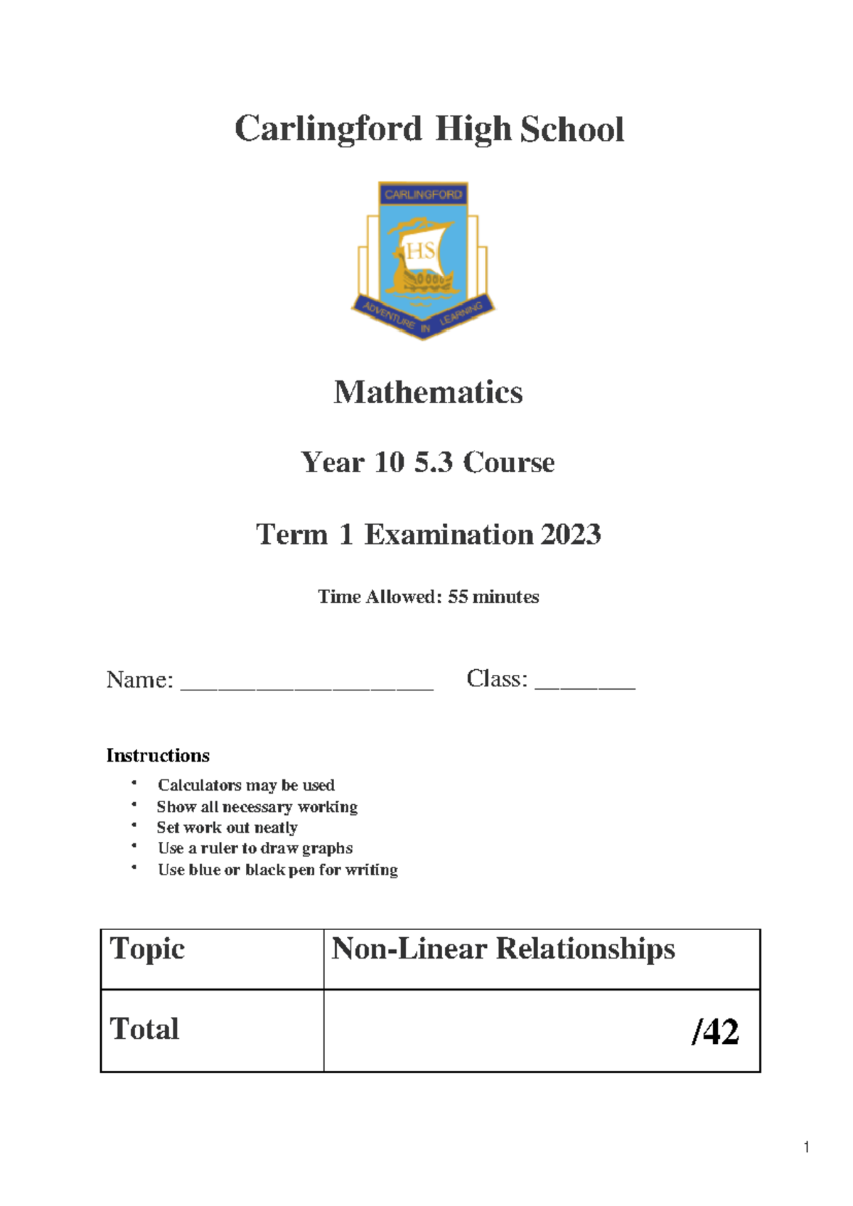 2023 T1 Y10 5.3 with solutions Non linear relationships - Carlingford ...