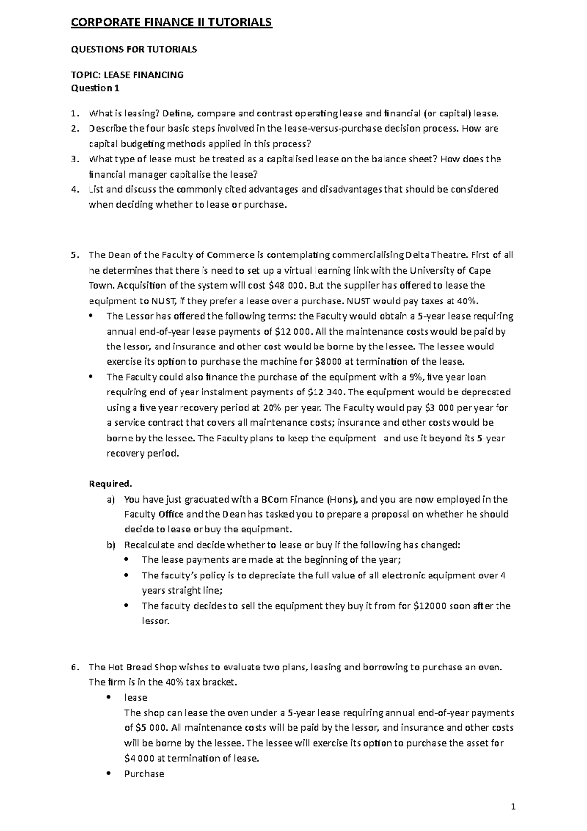 Corporate Finance II Tutorials- lease- Questions - CORPORATE FINANCE II TUTORIALS QUESTIONS FOR ...