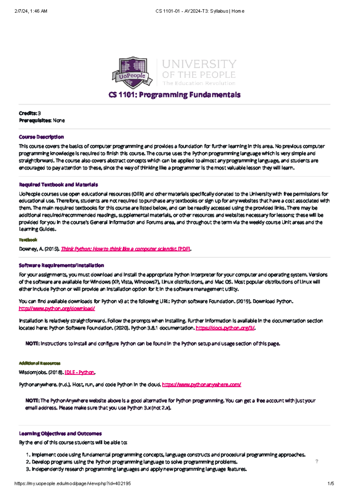 CS 1101-01 - AY2024-T3 Syllabus Overhead - CS 1101: Programming Fundamentals Credits: 3 - Studocu