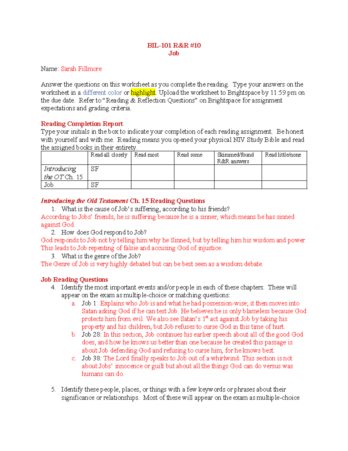 BIL101 RR10 Job - Reading and Responding for OT over Job - BIL-101 R&R ...