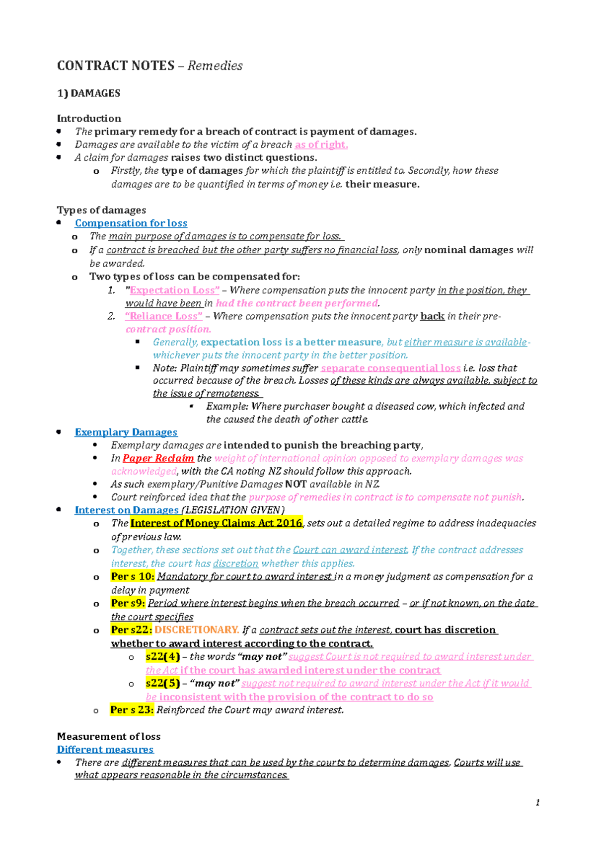Remedies - Exam summary - CONTRACT NOTES – Remedies 1) DAMAGES ...