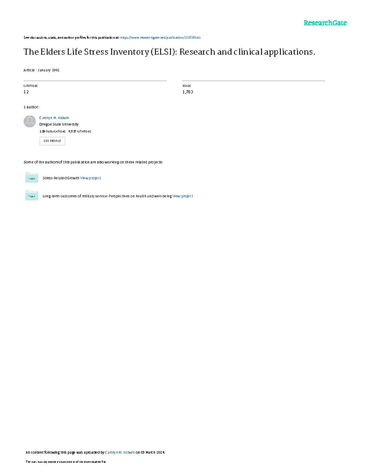 Aldwin 1990 - aaa - See discussions, stats, and author profiles for this publication at: - Studocu