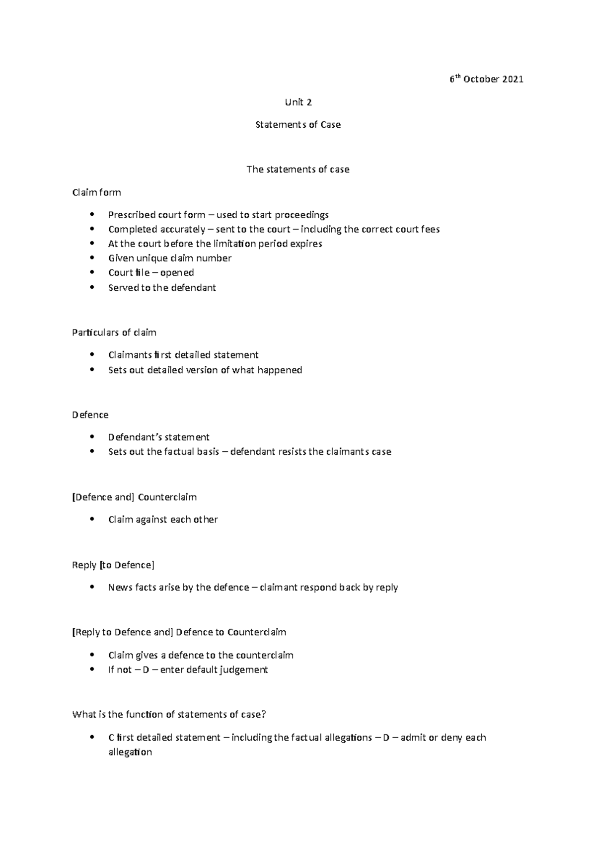 CDR LG 2 - Lecture Notes - Unit 2 6 th October 2021 Statements of Case ...