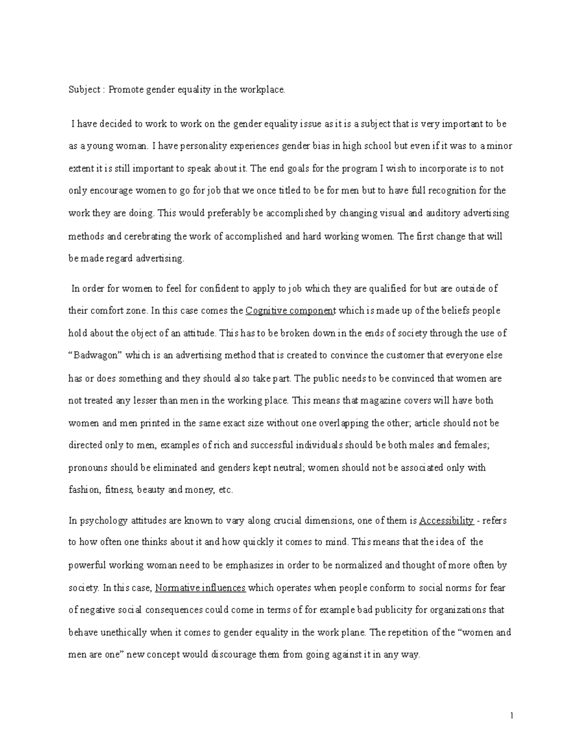 PSY assignment 3 - Subject : Promote gender equality in the workplace ...