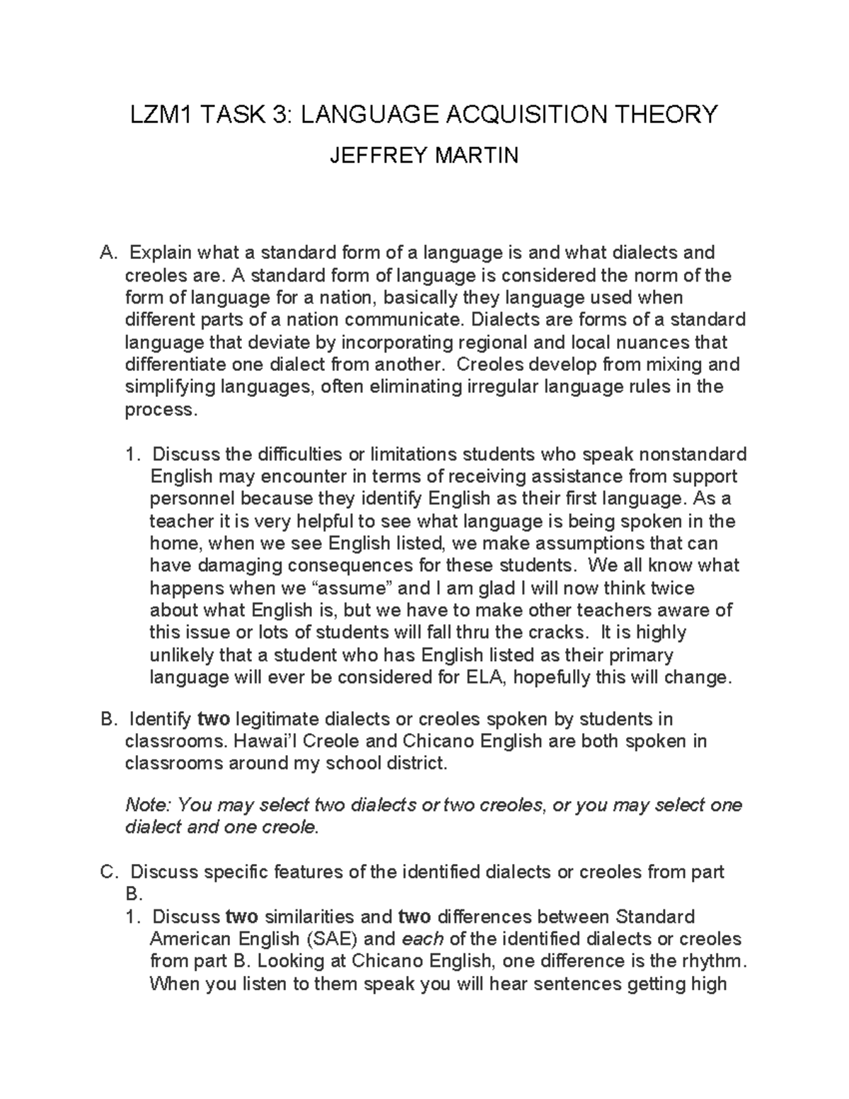 language production, theory and acquisition task 3 - LZM1 TASK 3: LANGUAGE ACQUISITION THEORY ...