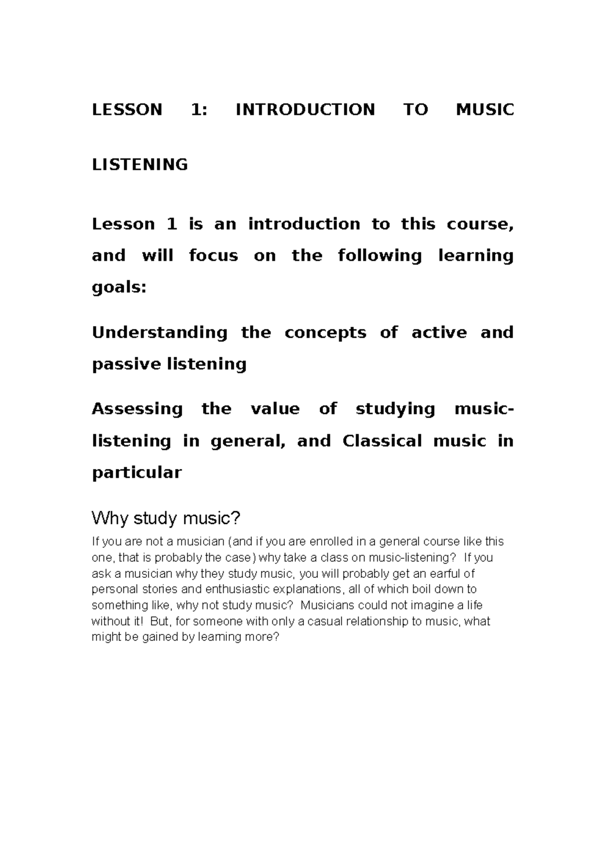 Lesson 1 - Lecture notes - LESSON 1: INTRODUCTION TO MUSIC LISTENING ...