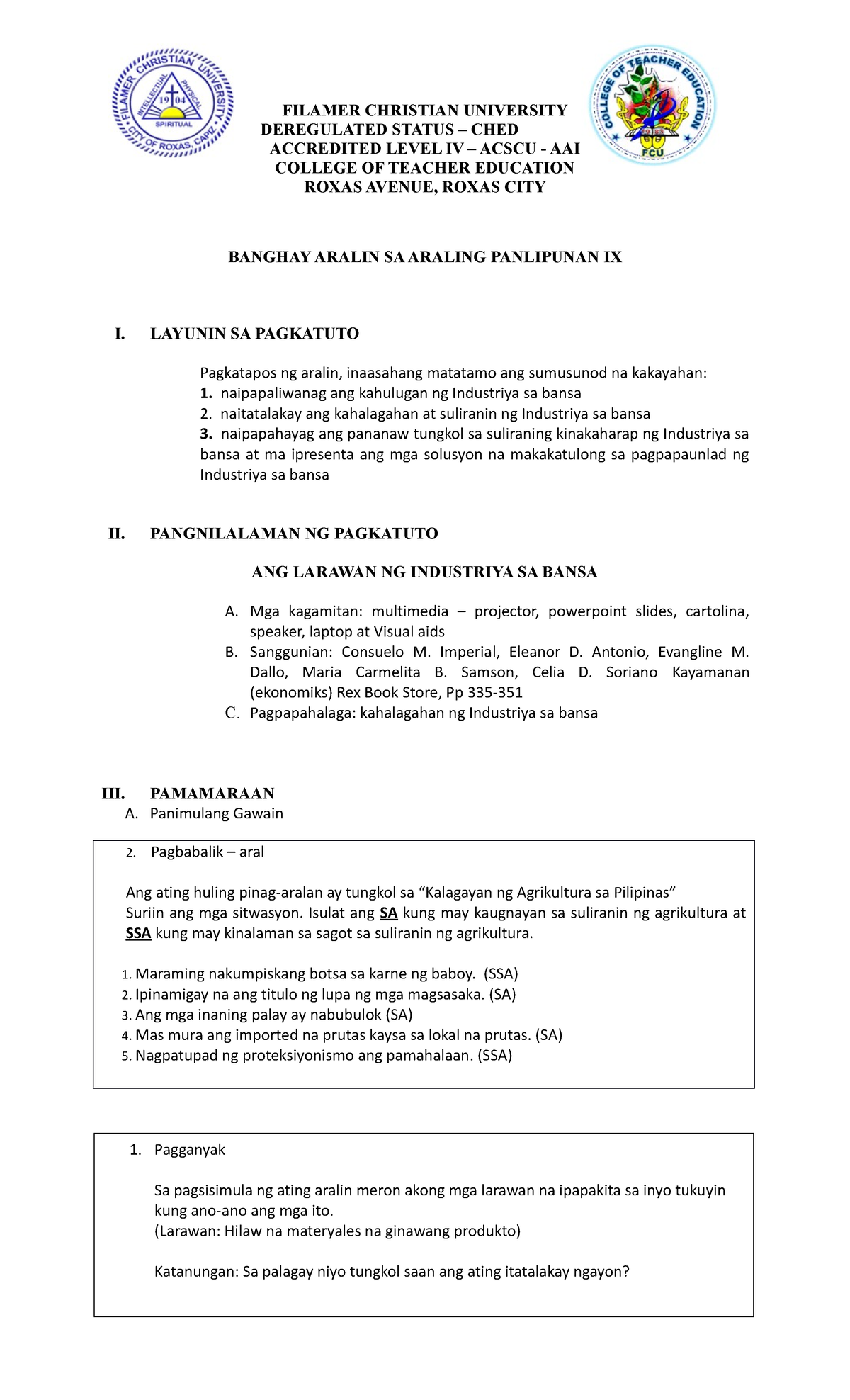 UPOD SS1 Lesson PlAN - FILAMER CHRISTIAN UNIVERSITY DEREGULATED STATUS ...