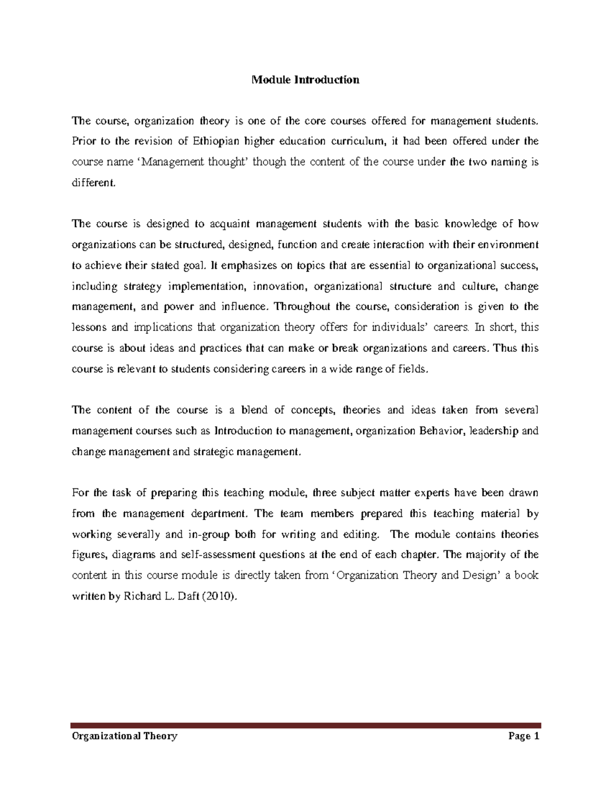 Organization theory module - Module Introduction The course ...