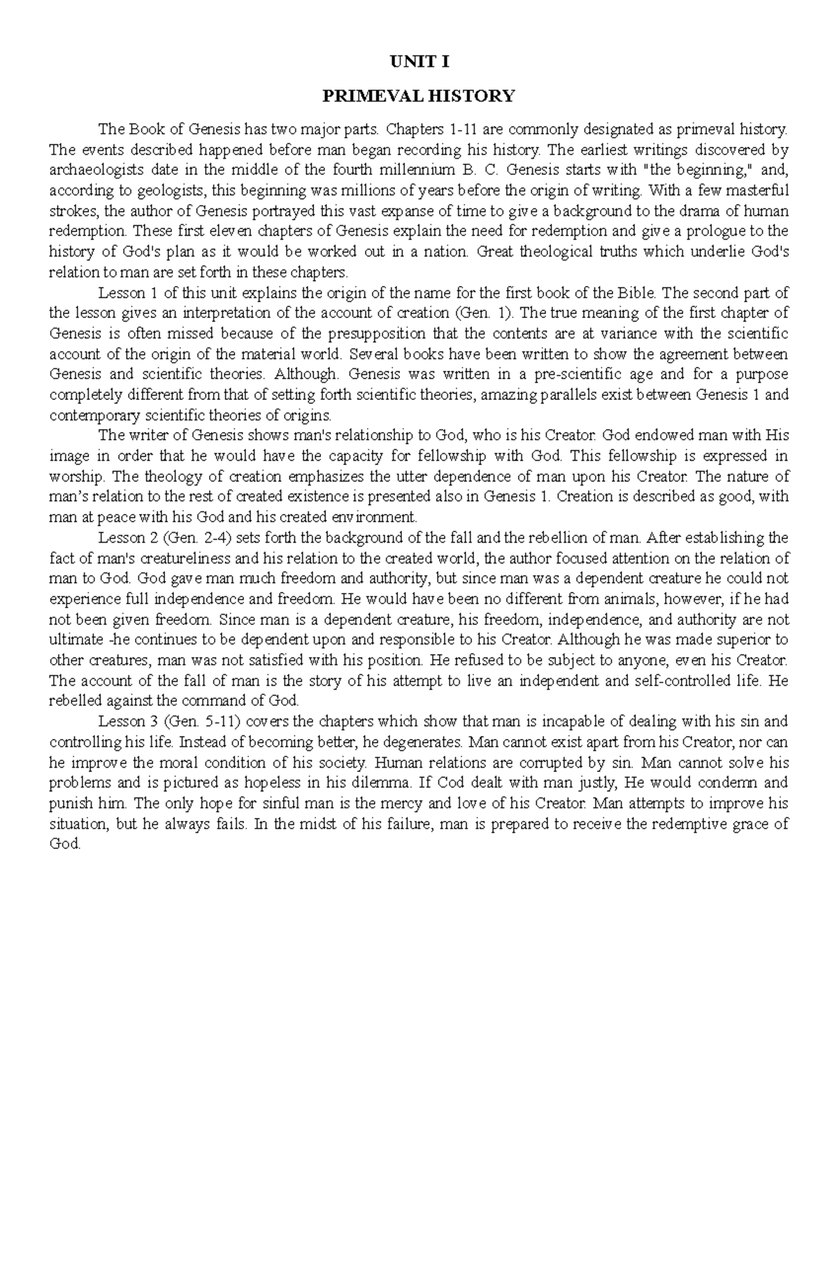 Lesson-1-1 - Ppt - UNIT I PRIMEVAL HISTORY The Book of Genesis has two ...