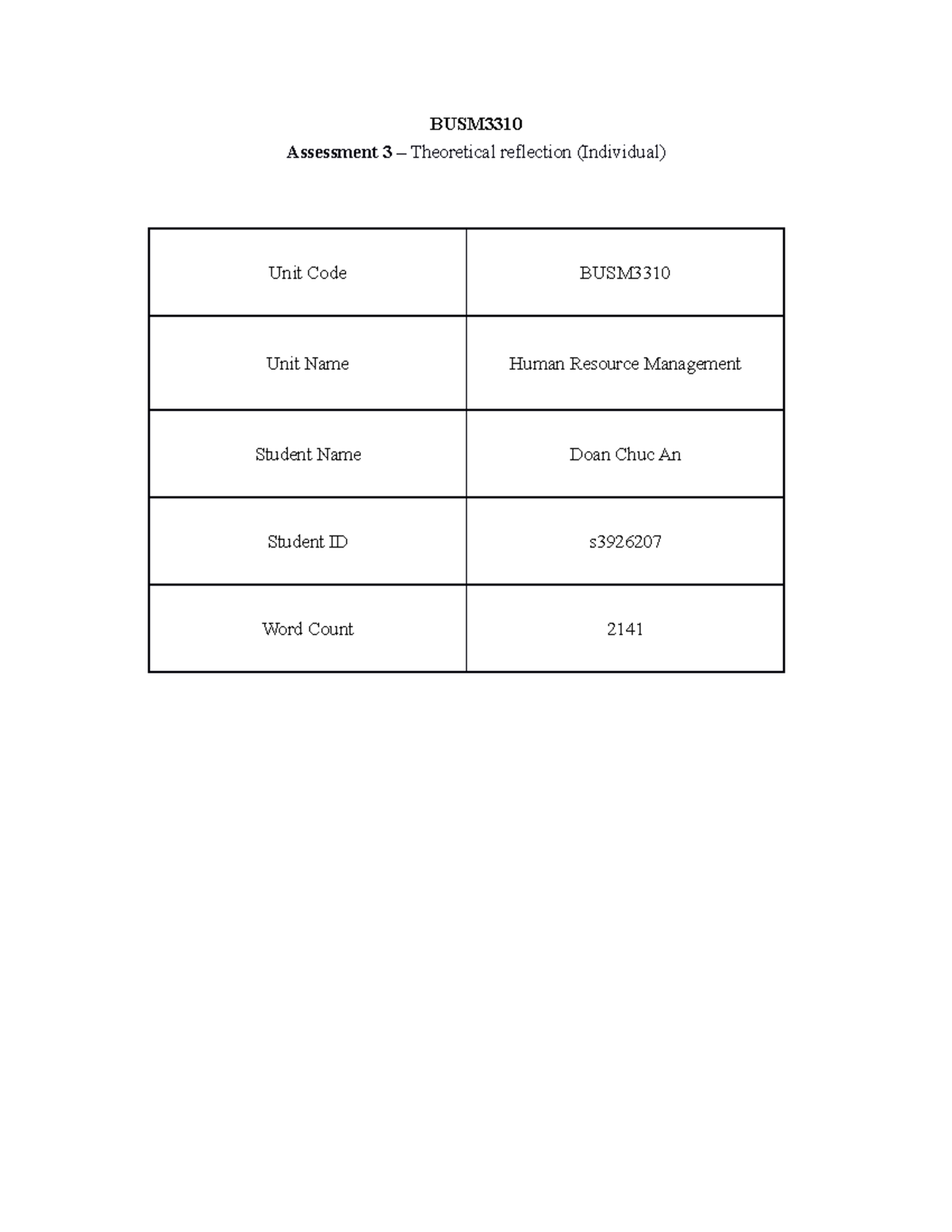 Asignment 3- Human Resource Management (BUSM3310) - BUSM3310 - RMIT ...
