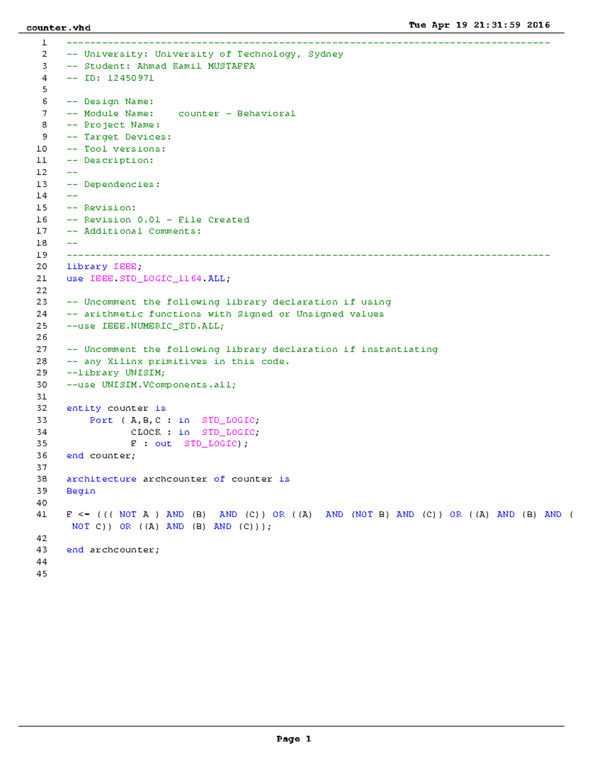 VHDL Coding for Assignment 1 - Tue Apr 19 21:31:59 2016 counter 1 2 3 4 ...