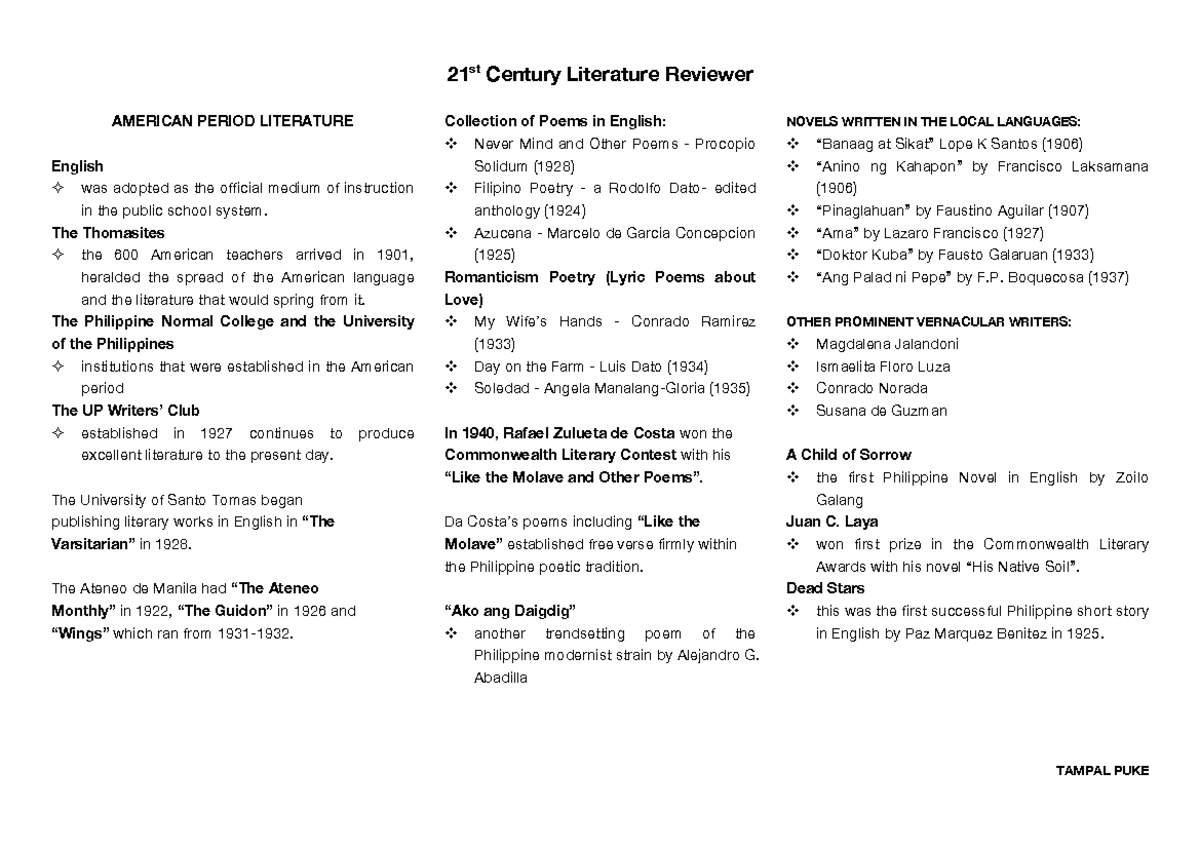 Literature During The American and Japanese Post-War Period Reviewer ...
